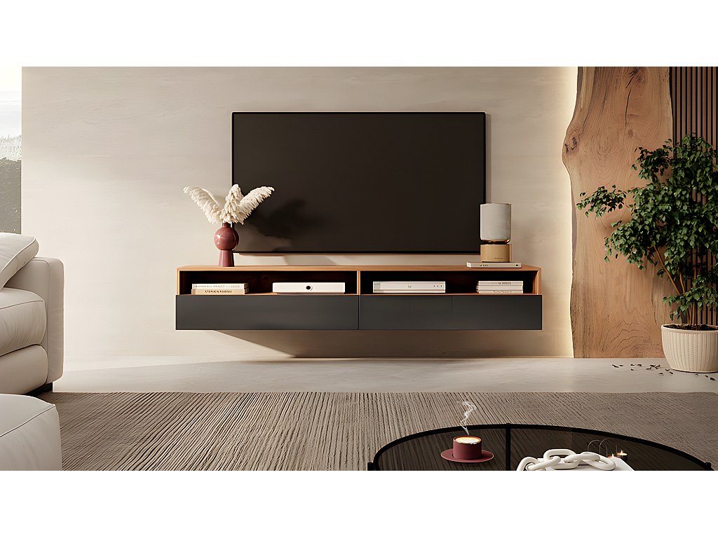 Mueble TV / Mueble de salón - Roble Wotan / Negro brillo - 180 cm - Rednaw
