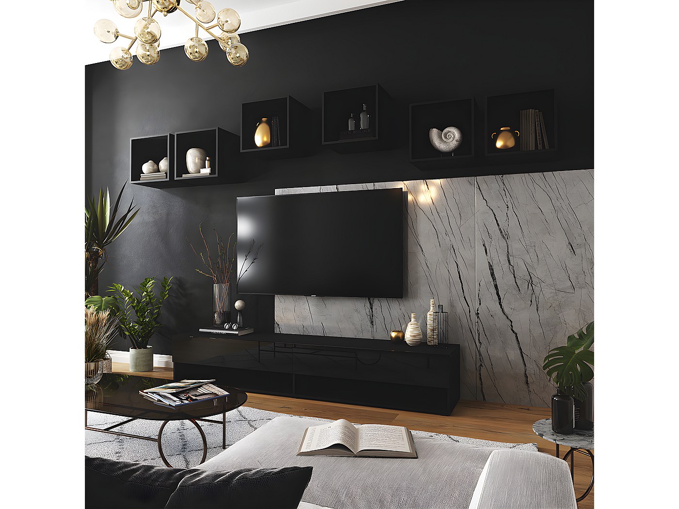 Meuble TV 180 cm 6 cubes muraux inclus Ethan 27 Noir
