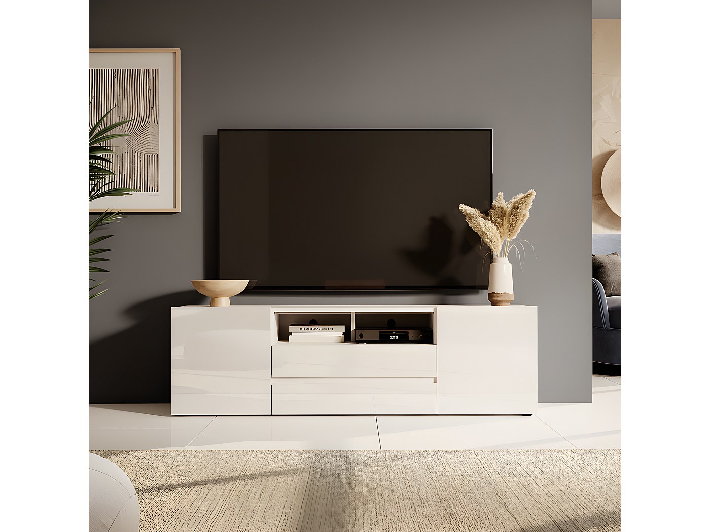 Mueble para TV - blanco mate / blanco brillo - con iluminación LED - Bros