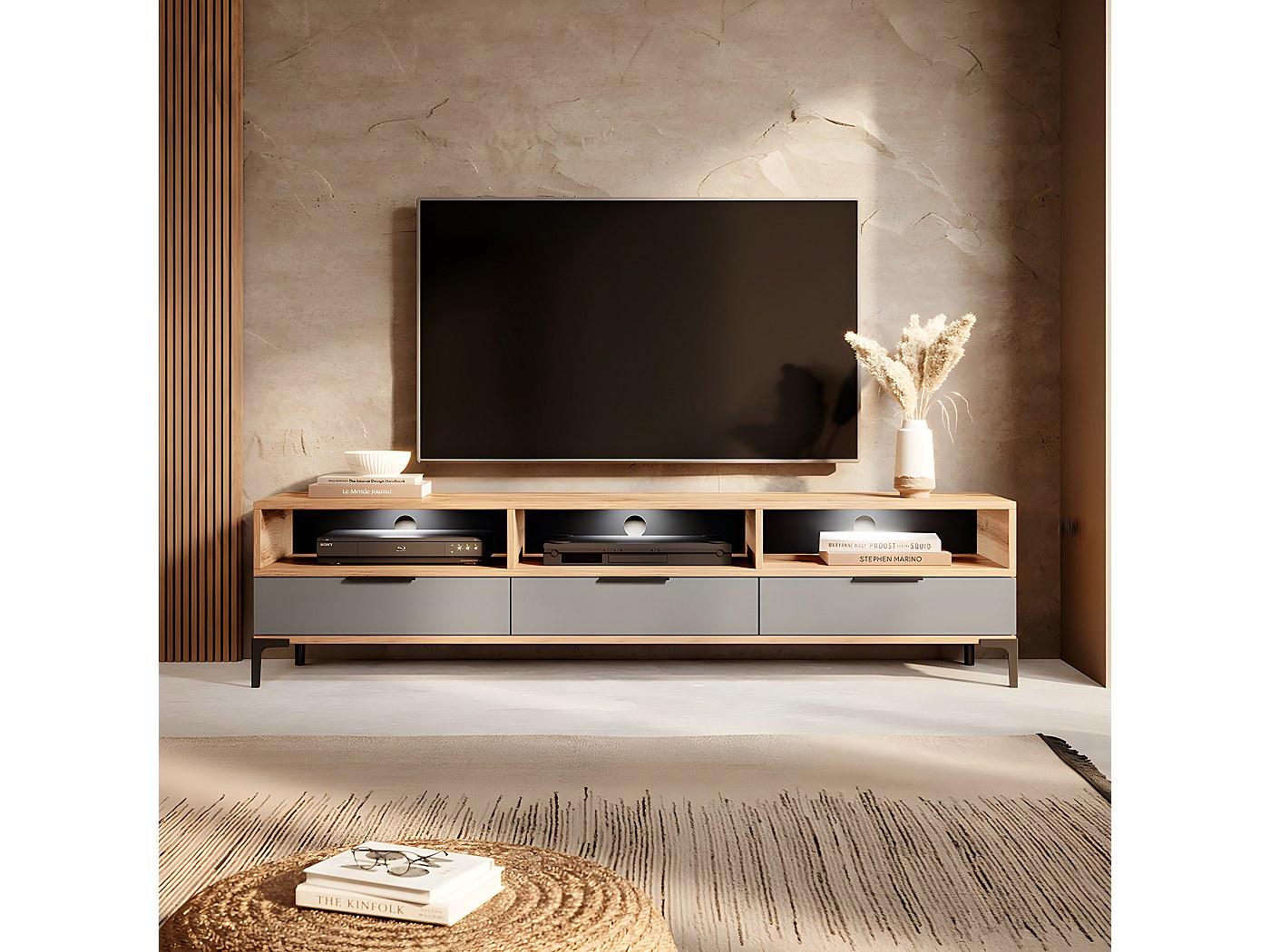 Meuble TV - 160 cm - chêne wotan / gris brillant - avec LED- RIKKE