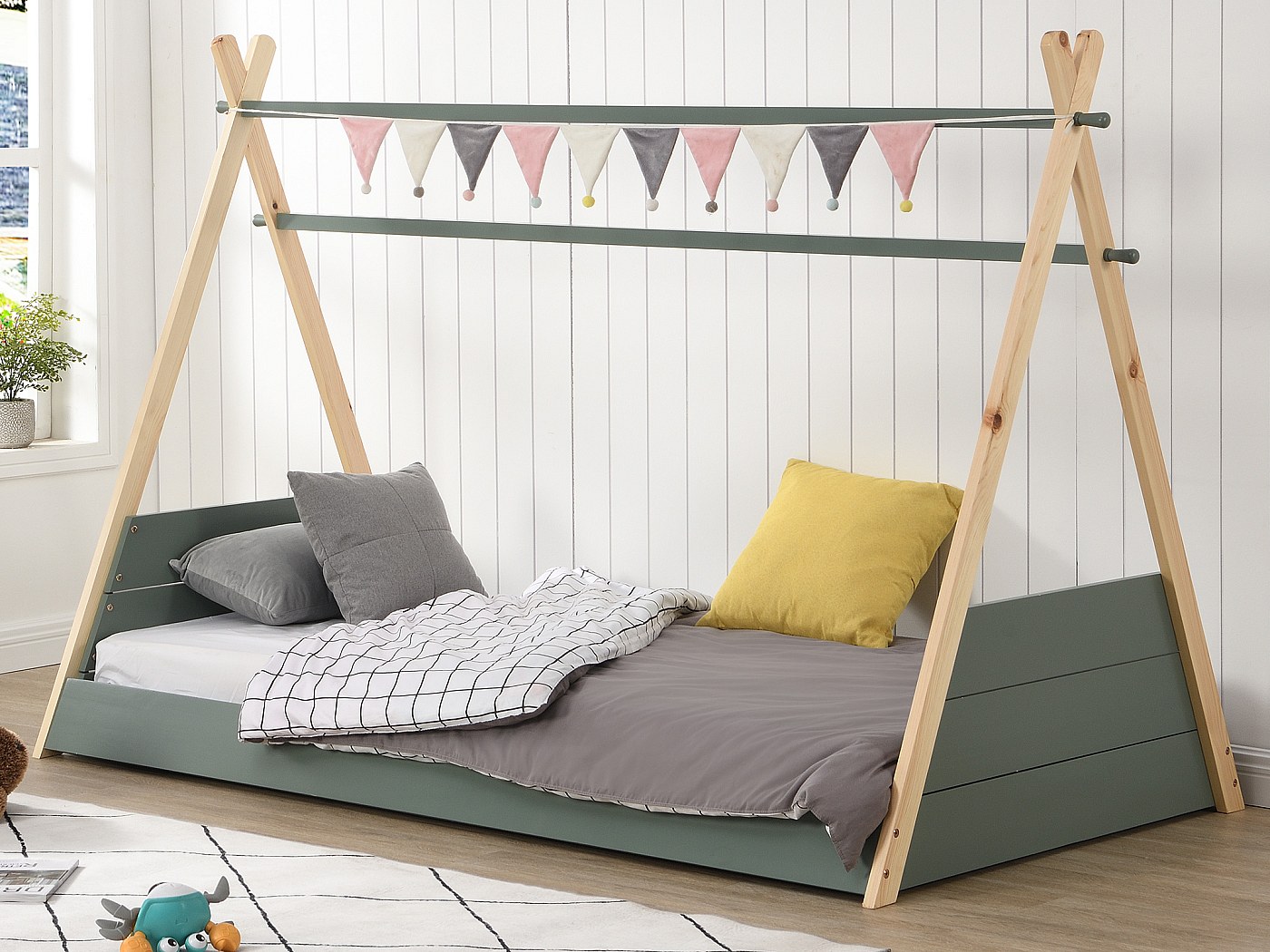 Lit tipi enfant 90 x 190 cm en pin naturel et vert avec matelas - SIOUX