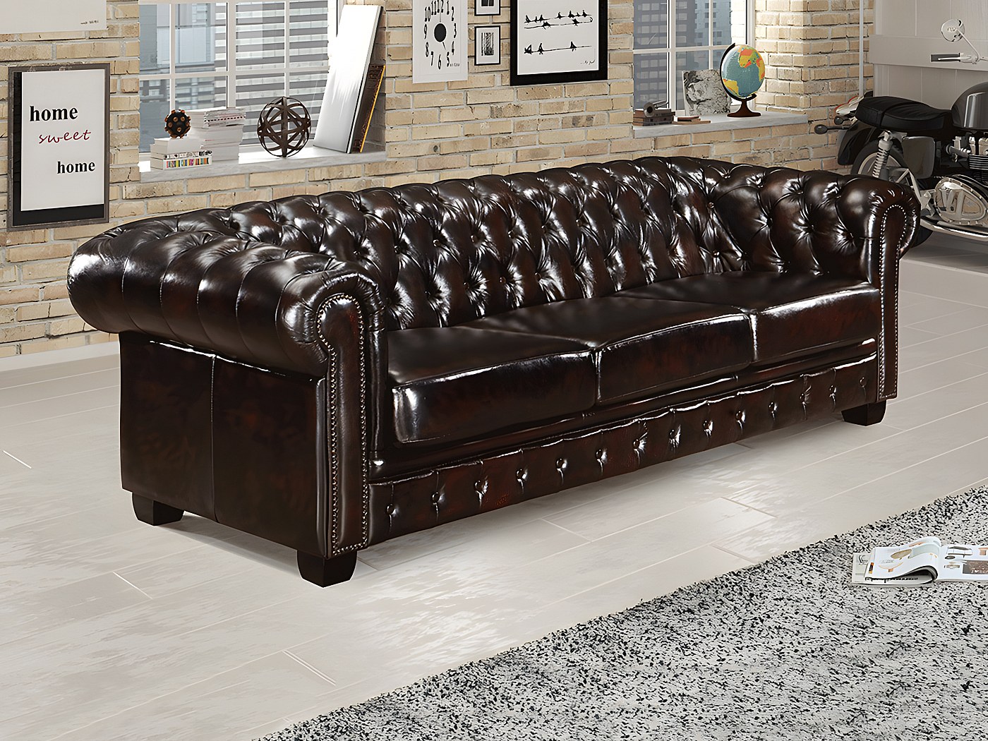 Chesterfield Ledersofa 4-Sitzer BRENTON - Büffelleder Braun
