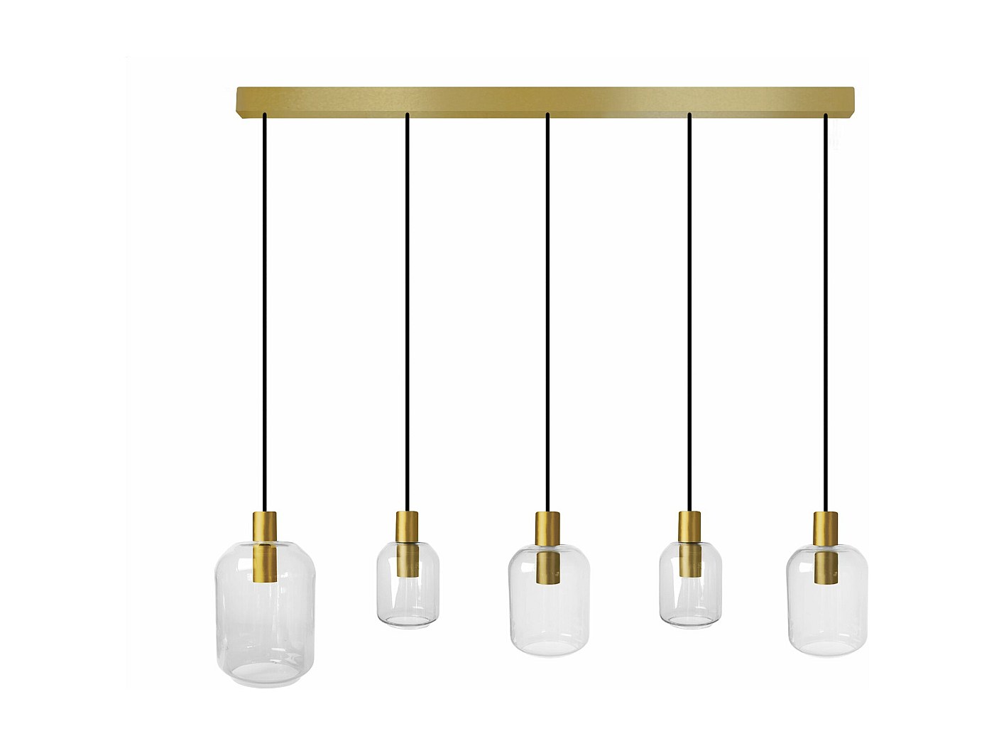 Lustre barre doré 5 pendels verre transparent 100 cm..