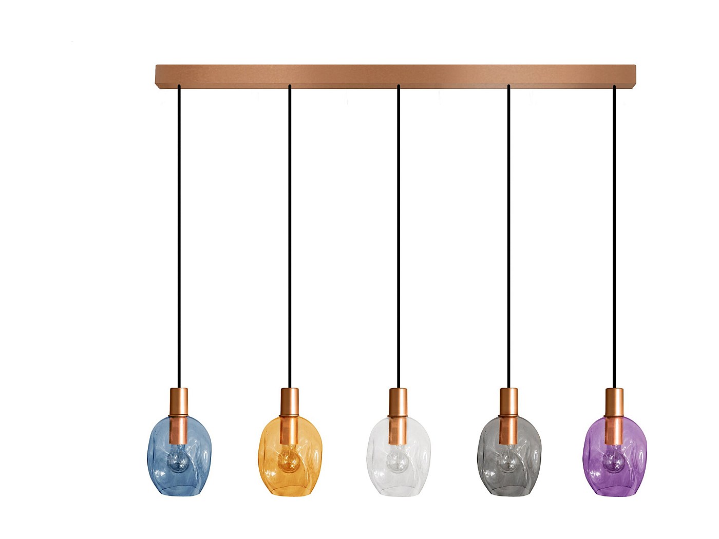 Lustre barre cuivre 5 pendels verre bullé multicolore 100 cm..