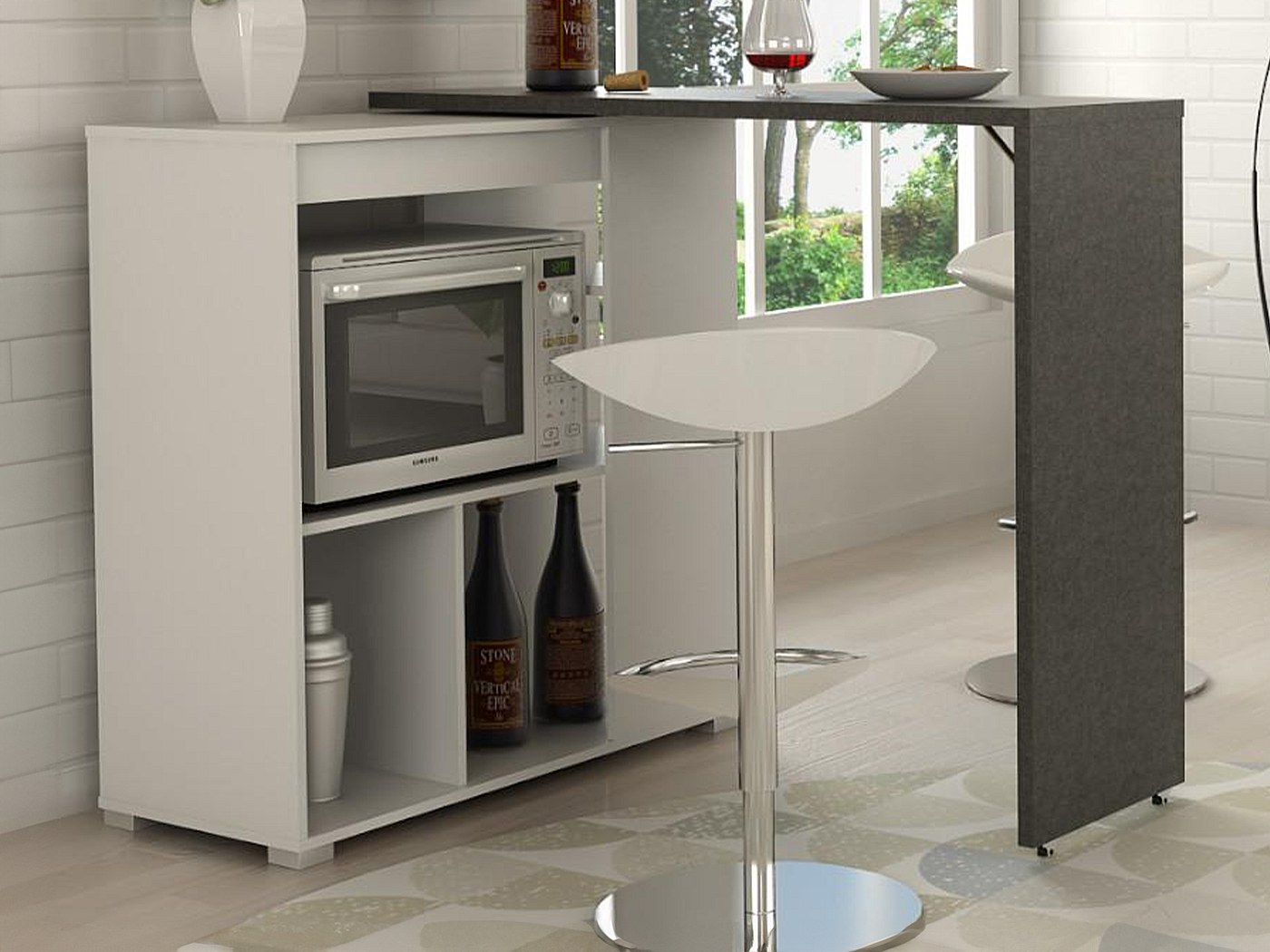 Móvel de bar extensível SATURNE - Branco e cinza cimento