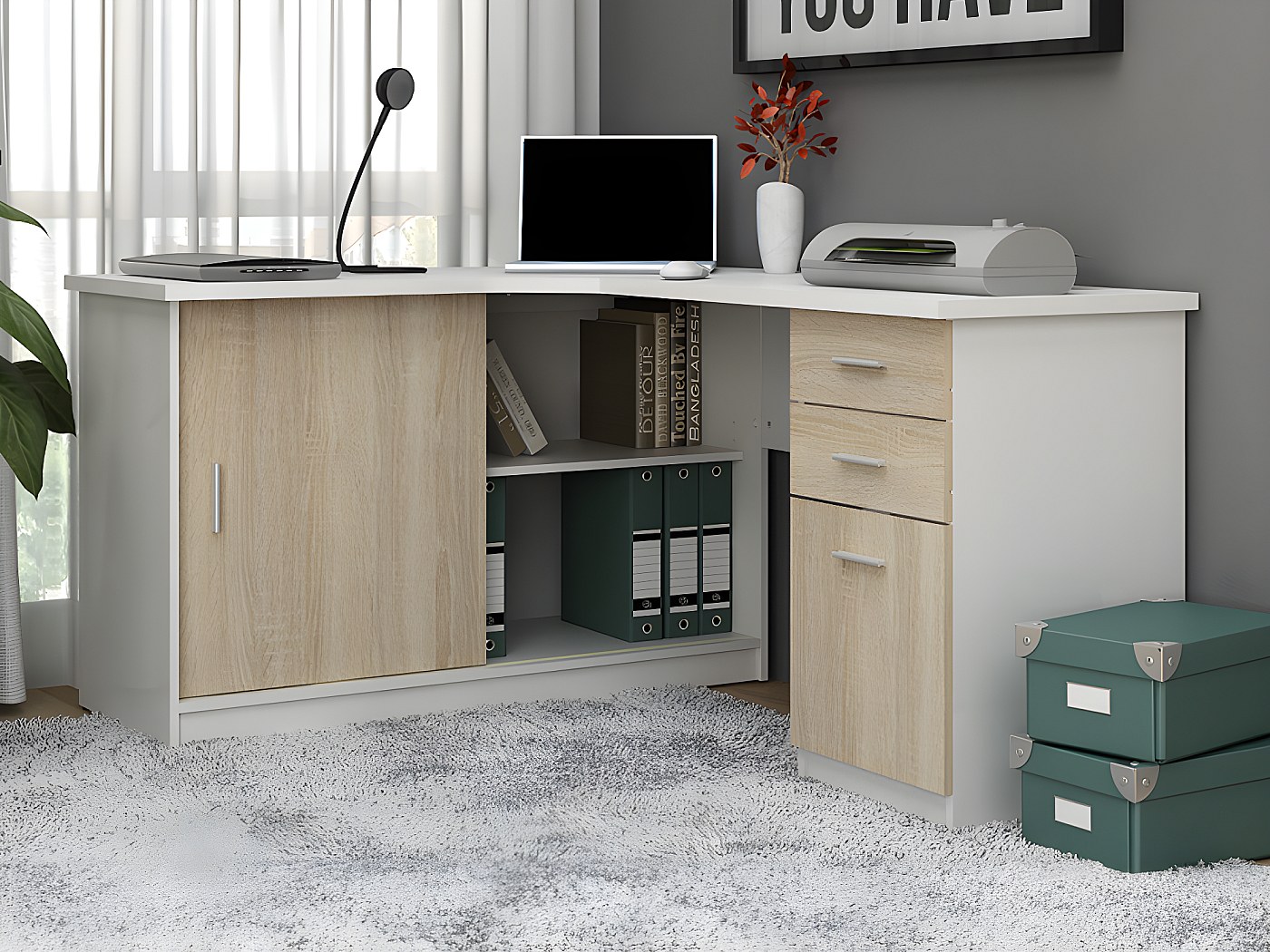 Bureau d'angle NORWY - 2 portes & 2 tiroirs - Blanc & chêne