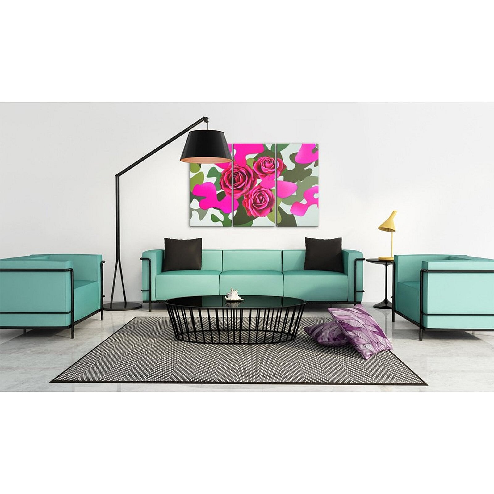 Tableau roses au néon triptyque - 120 x 80 cm