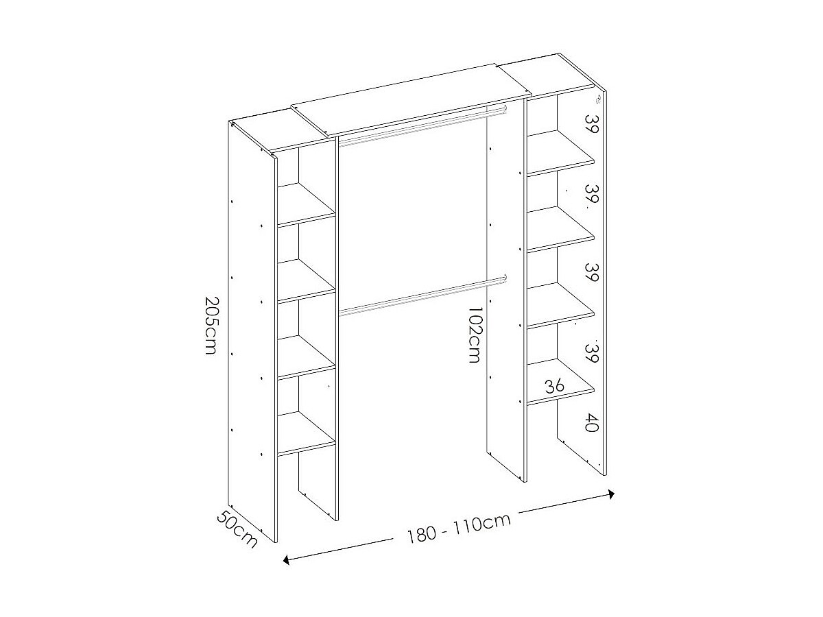 Roupeiro aberto extensível de 2 colunas DORIAN, Cor Branco e cinza