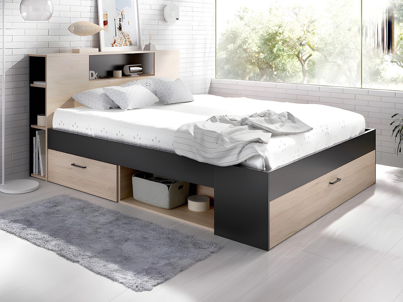 Compleet bed LEANDRE - 140 x 190 cm - eiken en antraciet