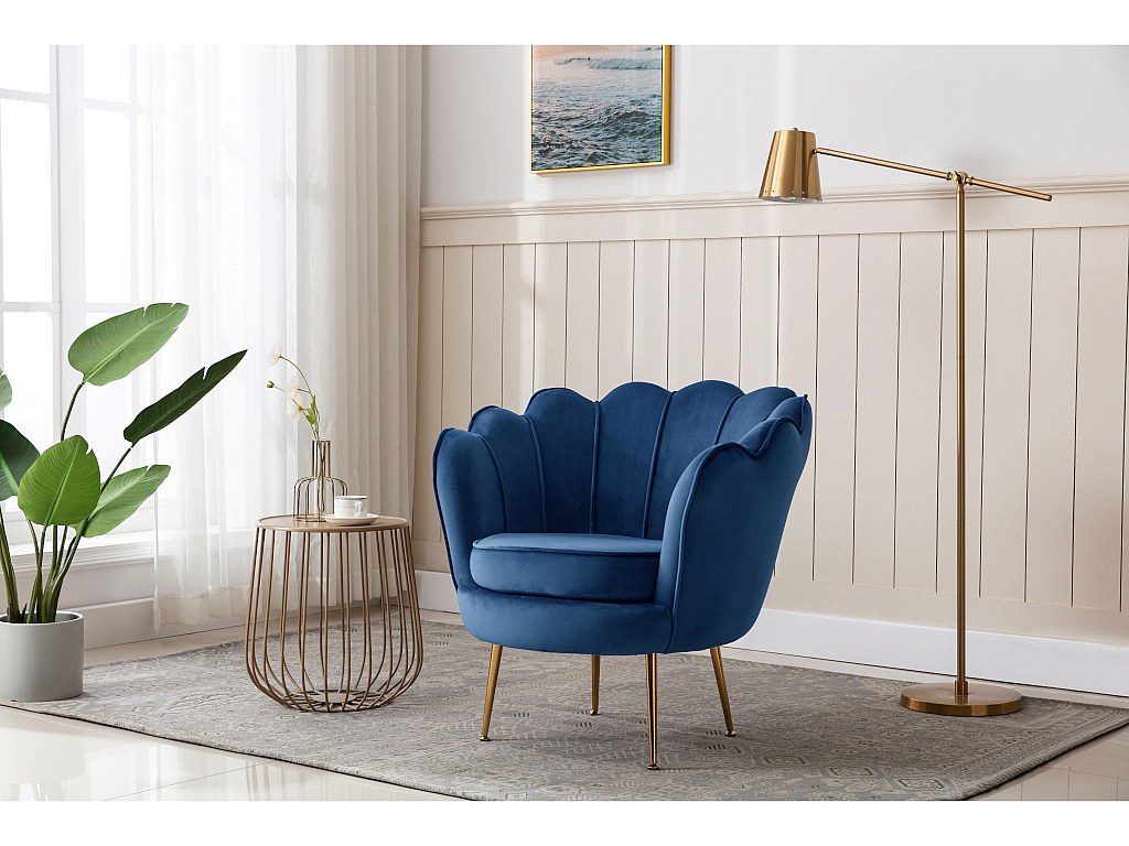 Poltrona conchiglia in velluto blu scuro piedi dorati DANDELION