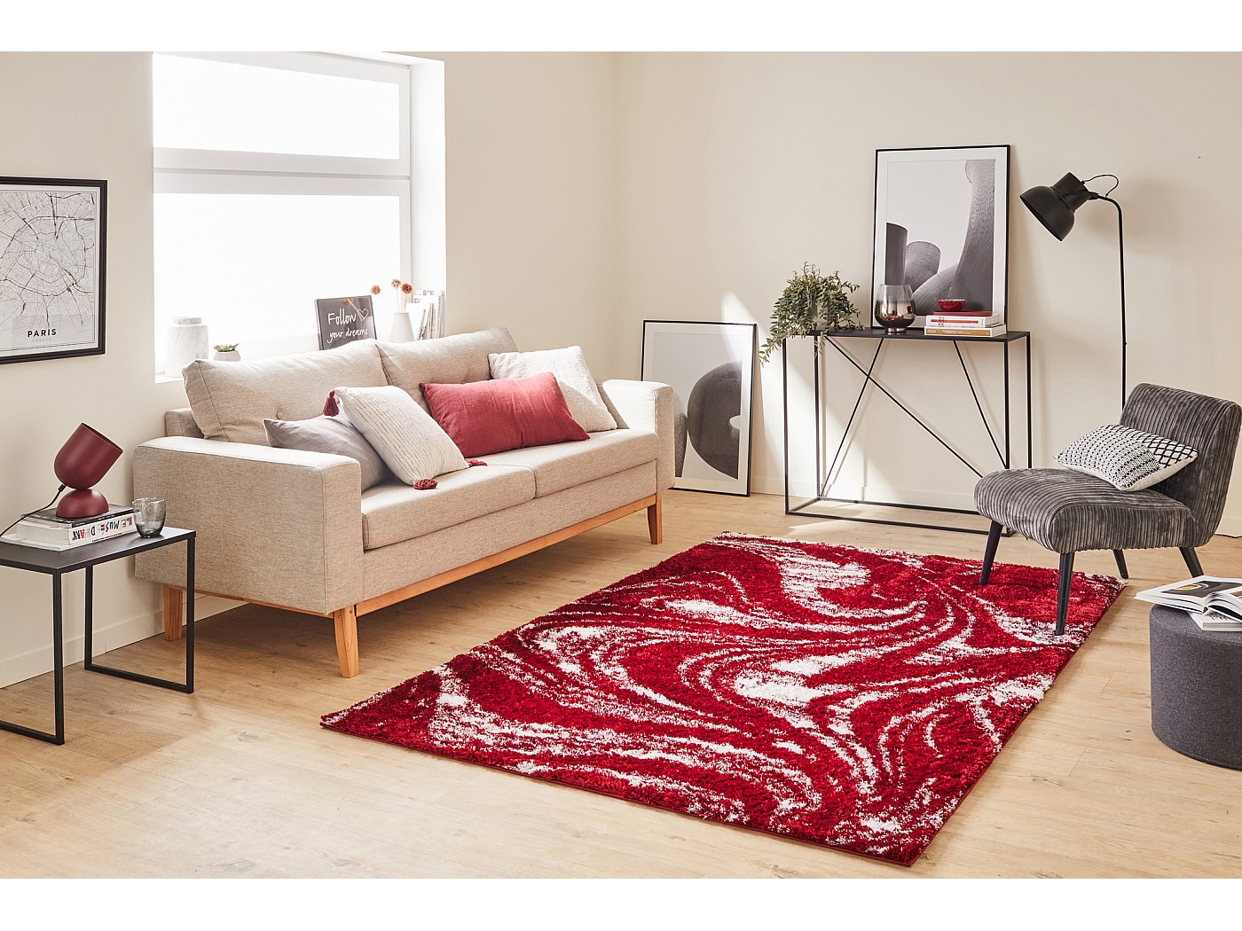 Tapis de salon - rouge - abstrait - poils long - doux - Oslo - 160x230