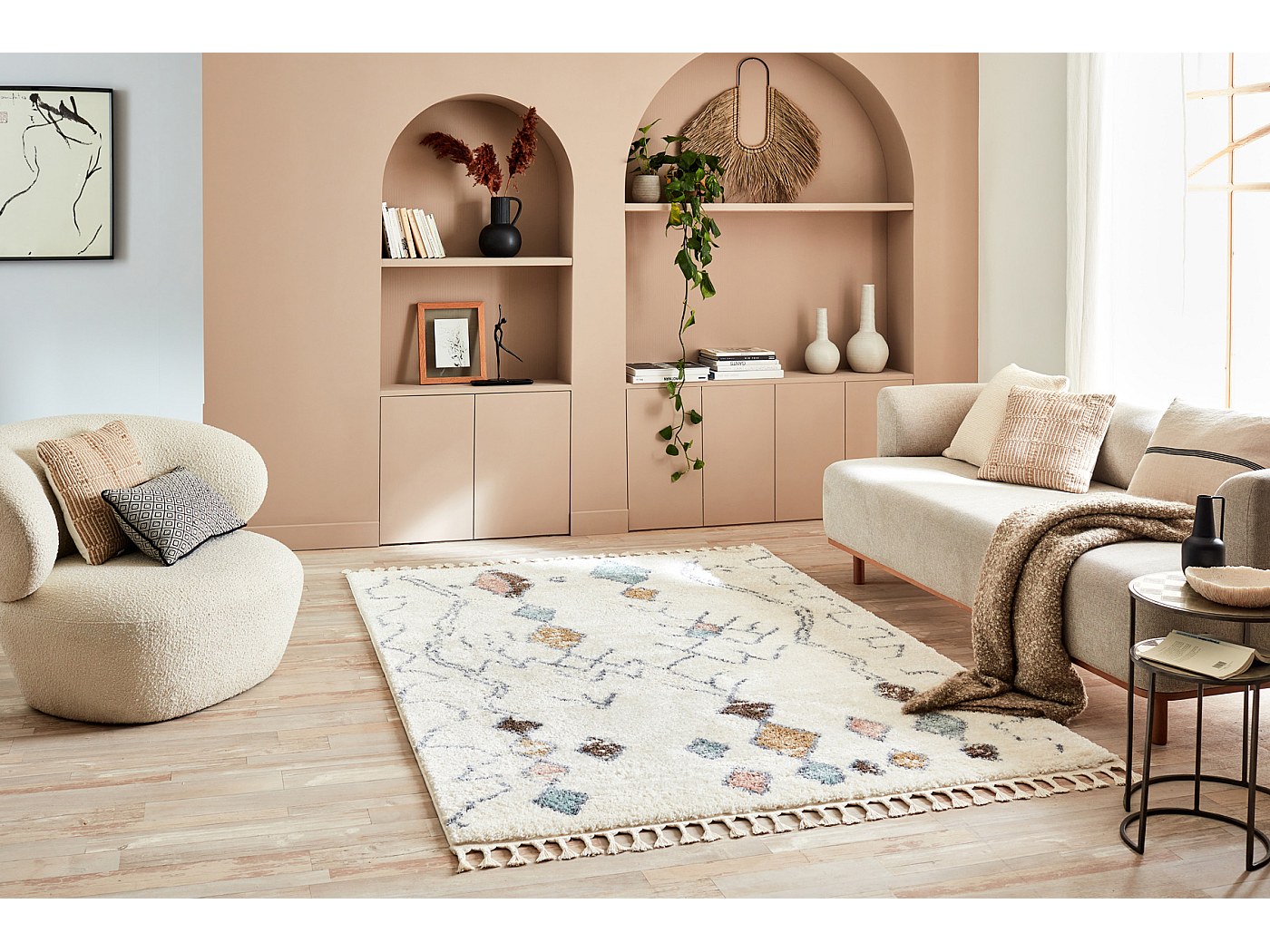 Tapis de salon - laine - franges - crème - 120x170 cm