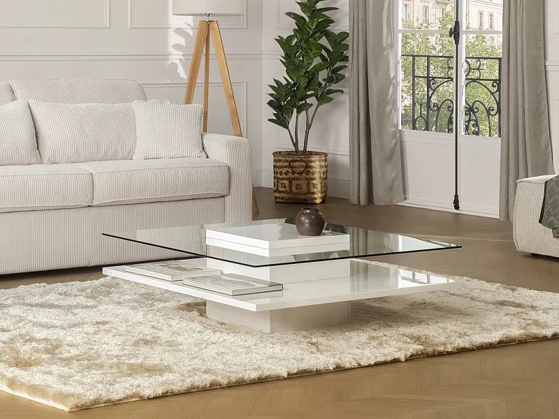 Soffbord - Härdat glas & vit MDF. ISANIA II