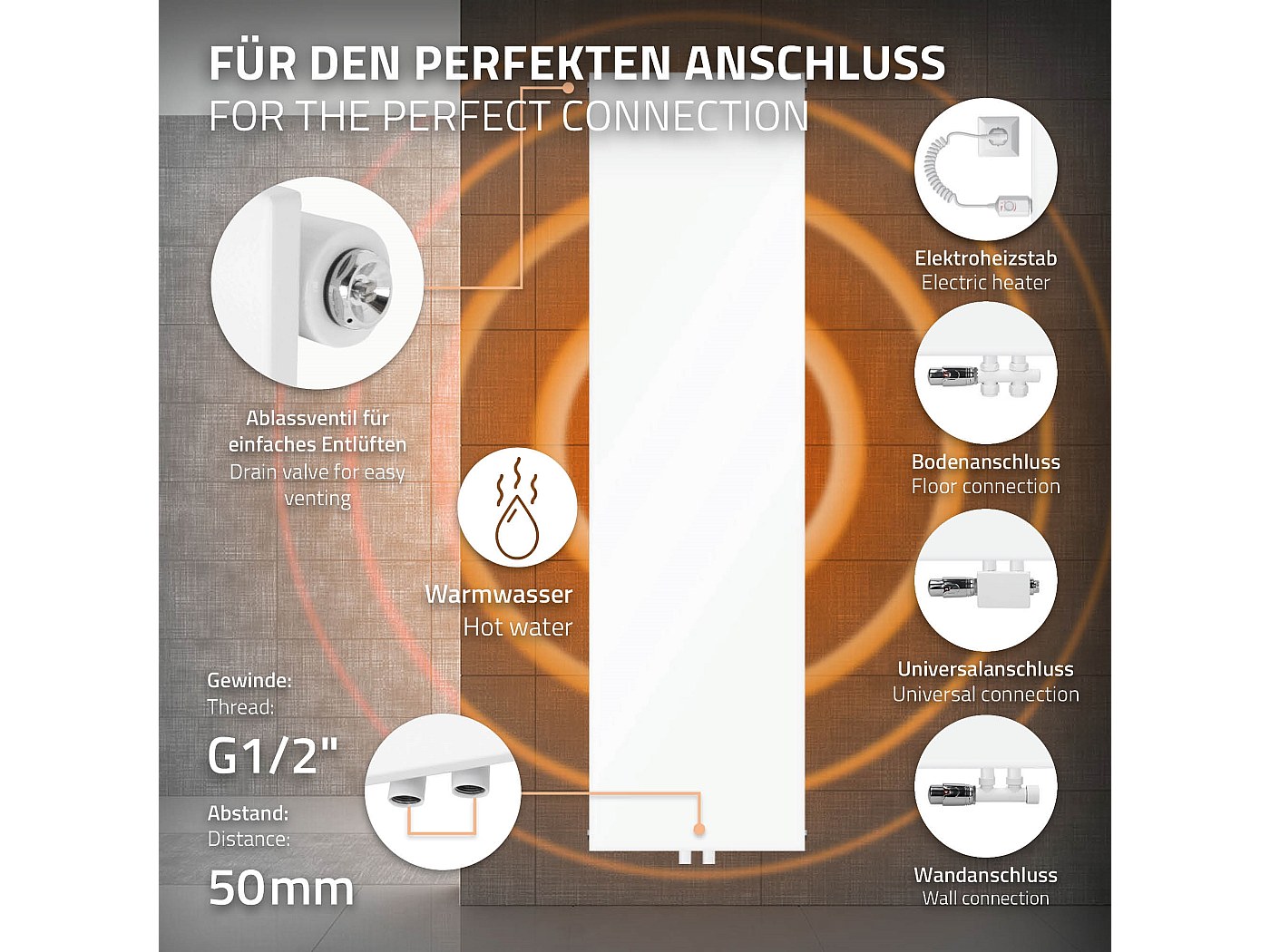 Radiatore piatto calorifero bagno bianco 452 x 1600 mm con connessione ...