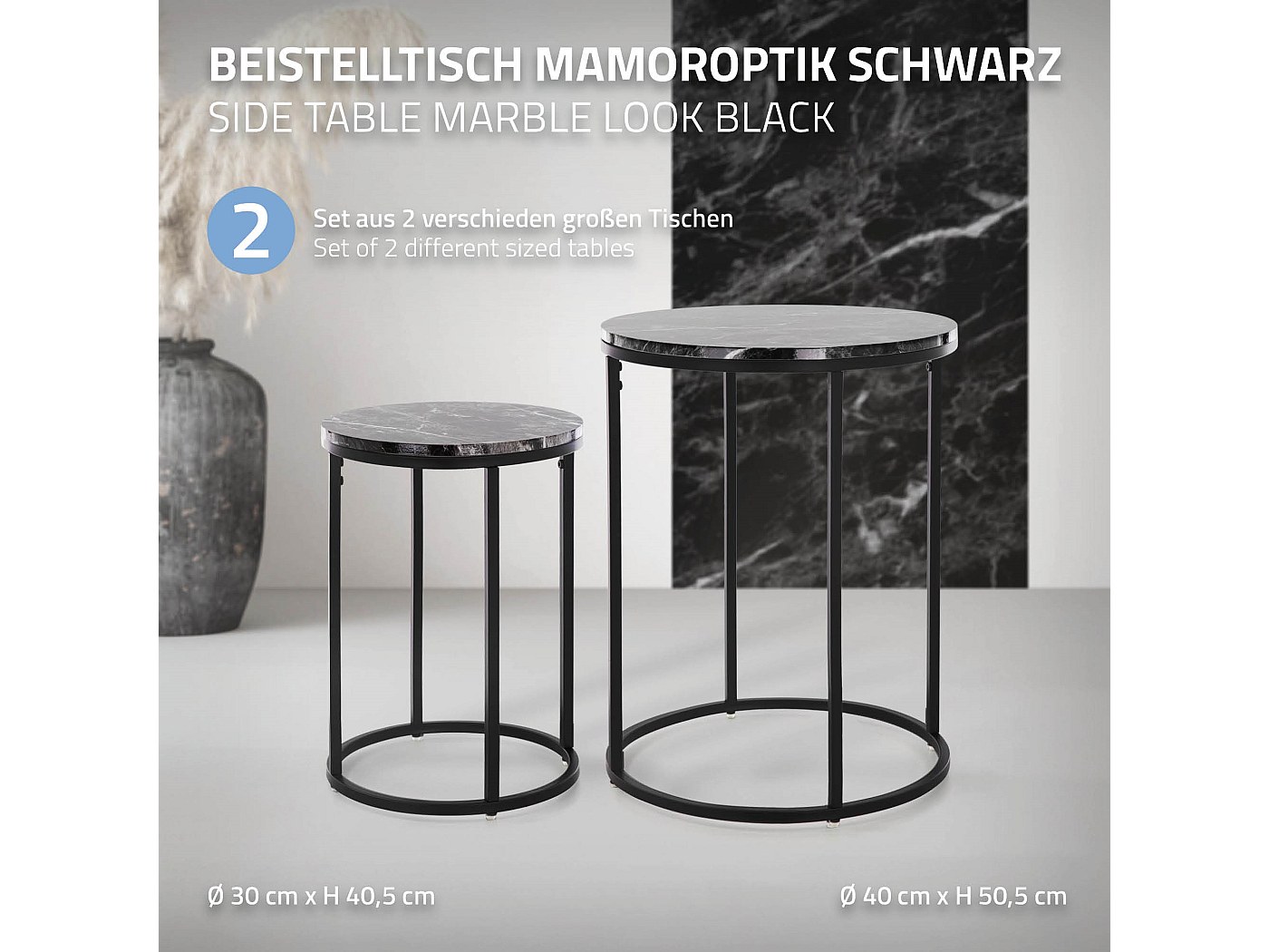 Set van 2 bijzettafels Mamor Optics Salontafel metalen frame Ø30 / Ø40 ...