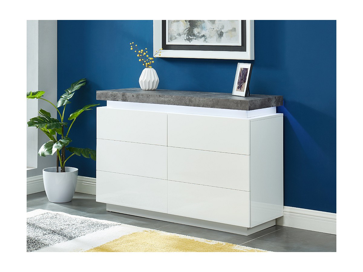 Commode 6 tiroirs en MDF laqué avec LEDs HALO II. Coloris : Béton et blanc