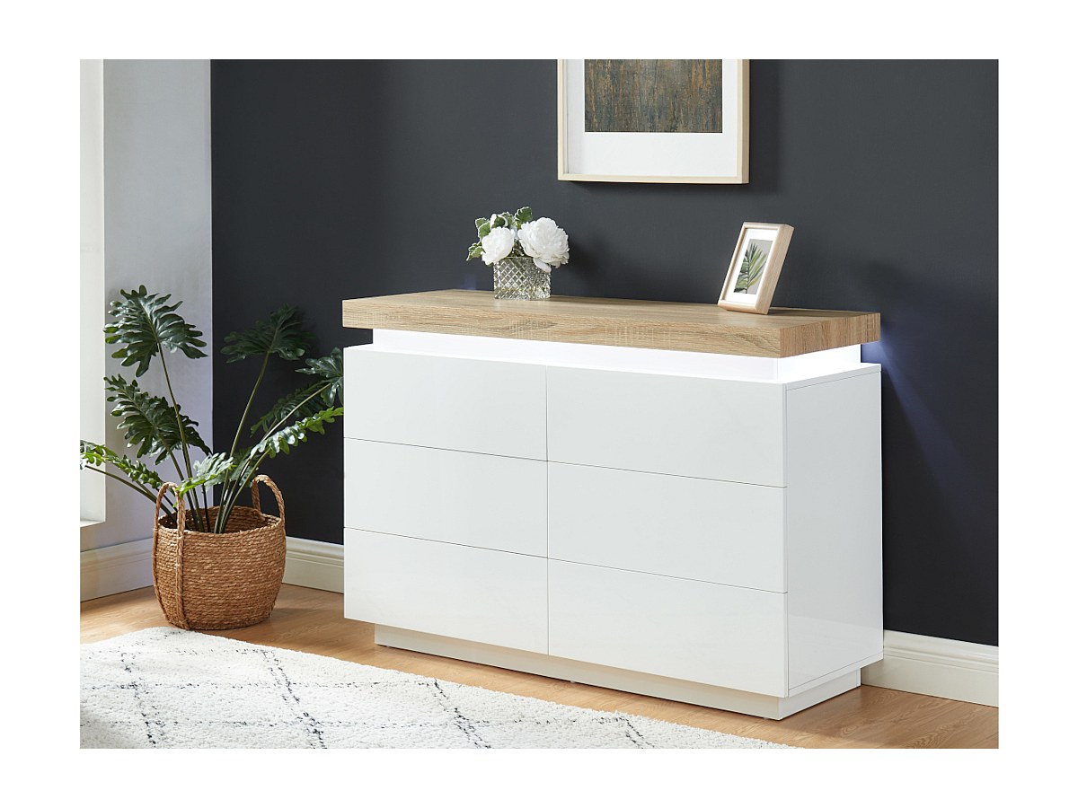 Commode 6 tiroirs en MDF laqué avec LEDs HALO II. Coloris : Chêne et blanc