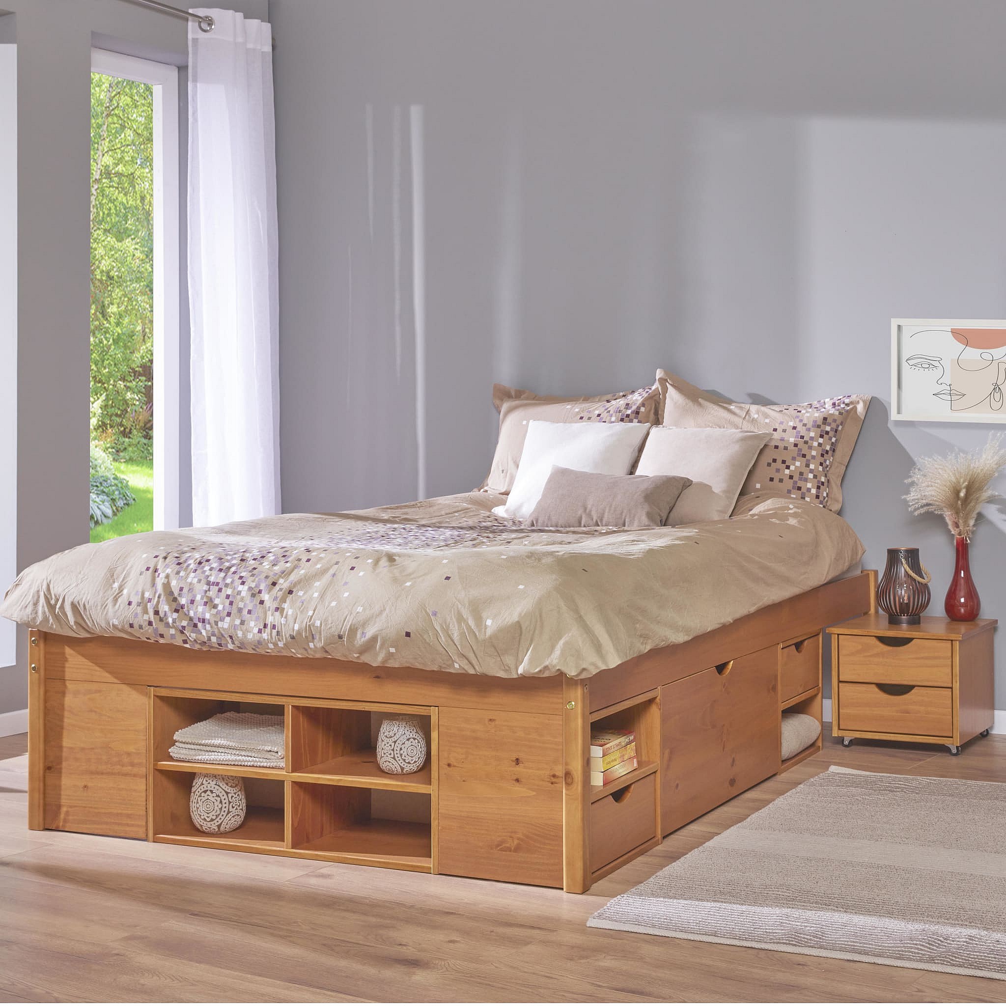 Lit multi-rangements avec sommier intégré en pin massif 180x200 - LT12119