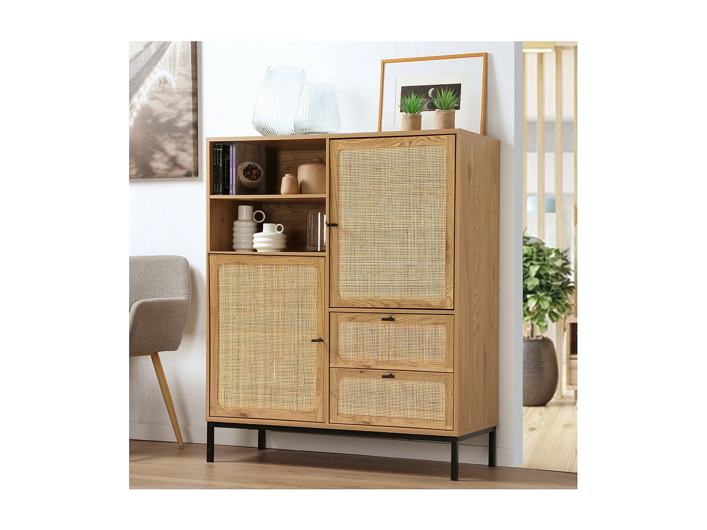 Buffet Haut avec Façades en Rotin Naturel - L100 x H120 cm