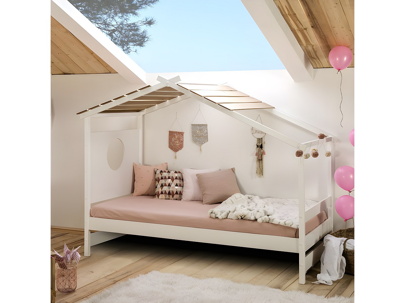 Cama cabaña madera blanco Hansel 90x190cm