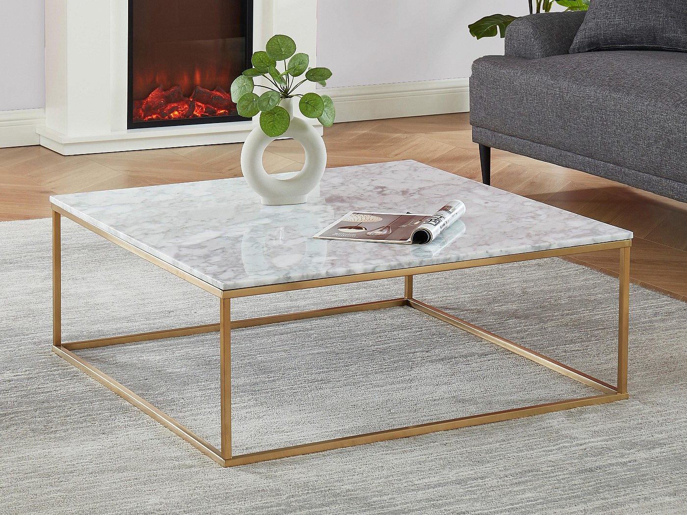 Table basse design - Marbre & Métal - Blanc & Doré - ARETHA