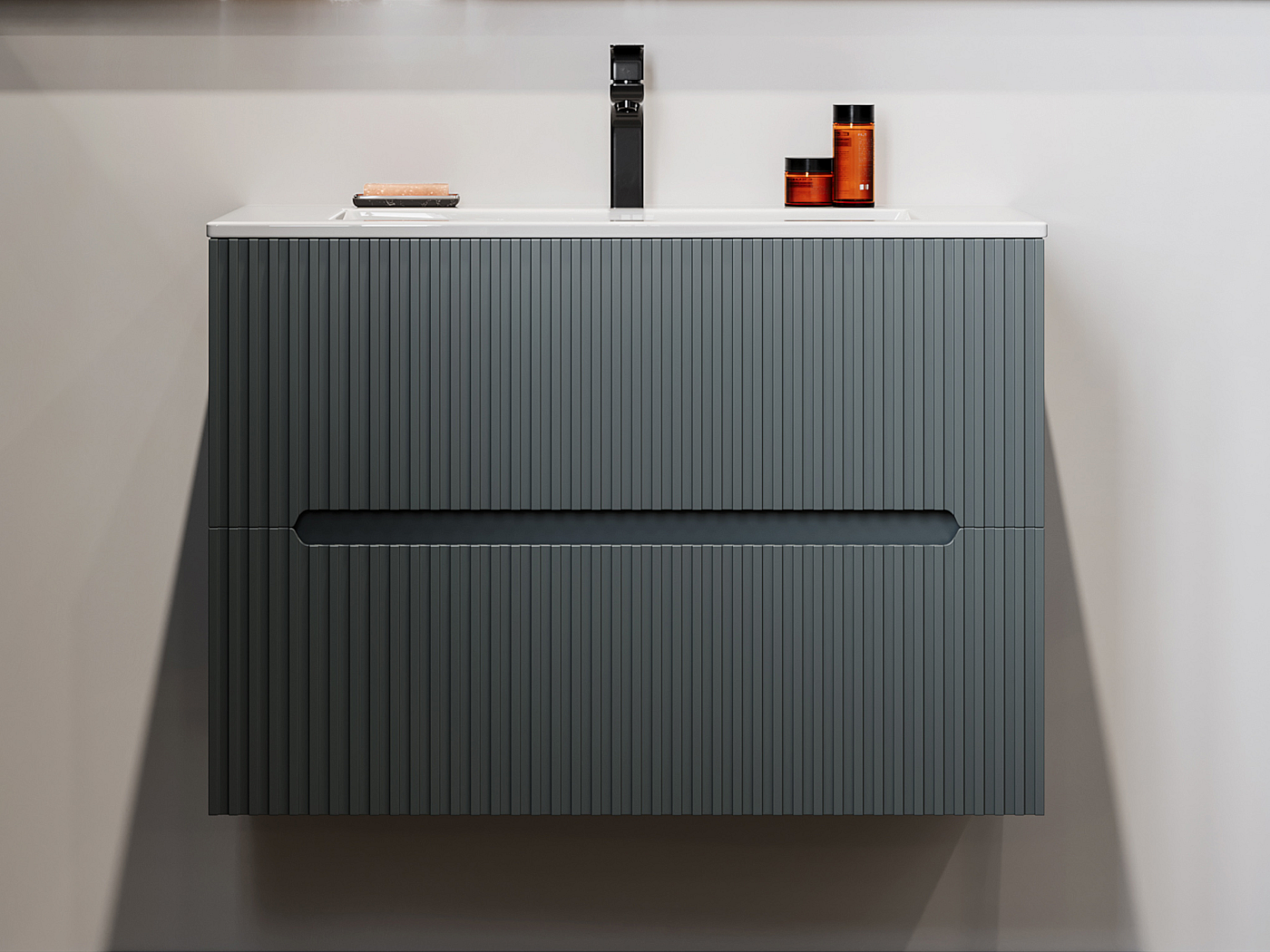 Meuble simple vasque suspendu strié gris, L80 cm, PAVANI