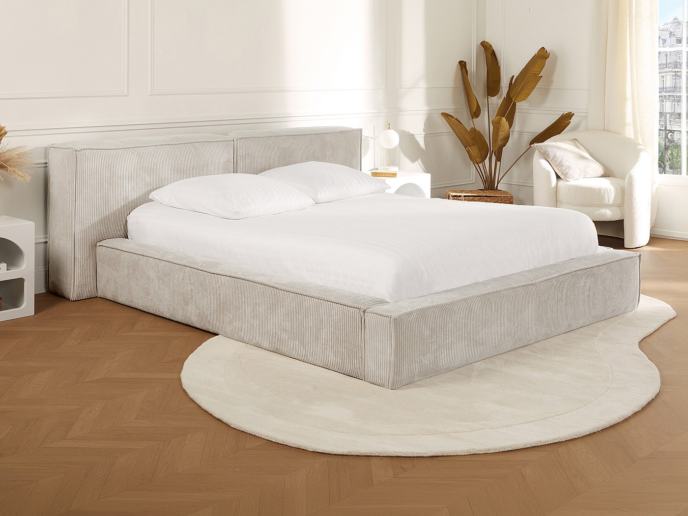 Lit coffre king size 180 x 200 cm en velours côtelé beige + matelas ...
