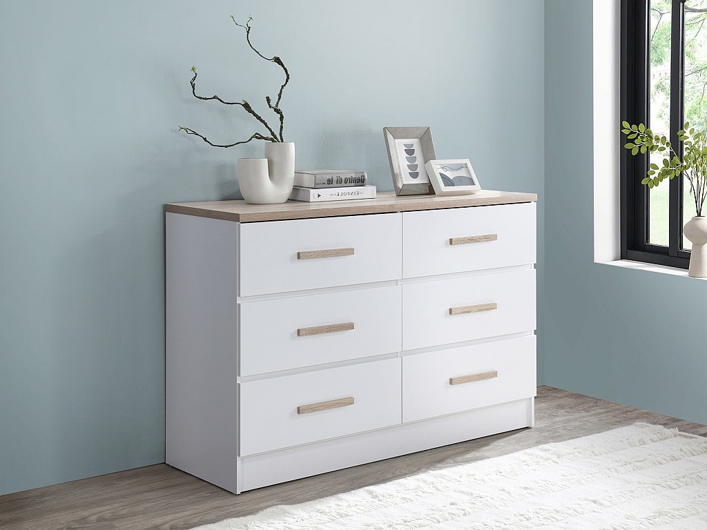 Ladekast met 6 lades, wit en naturel - SKAIDO