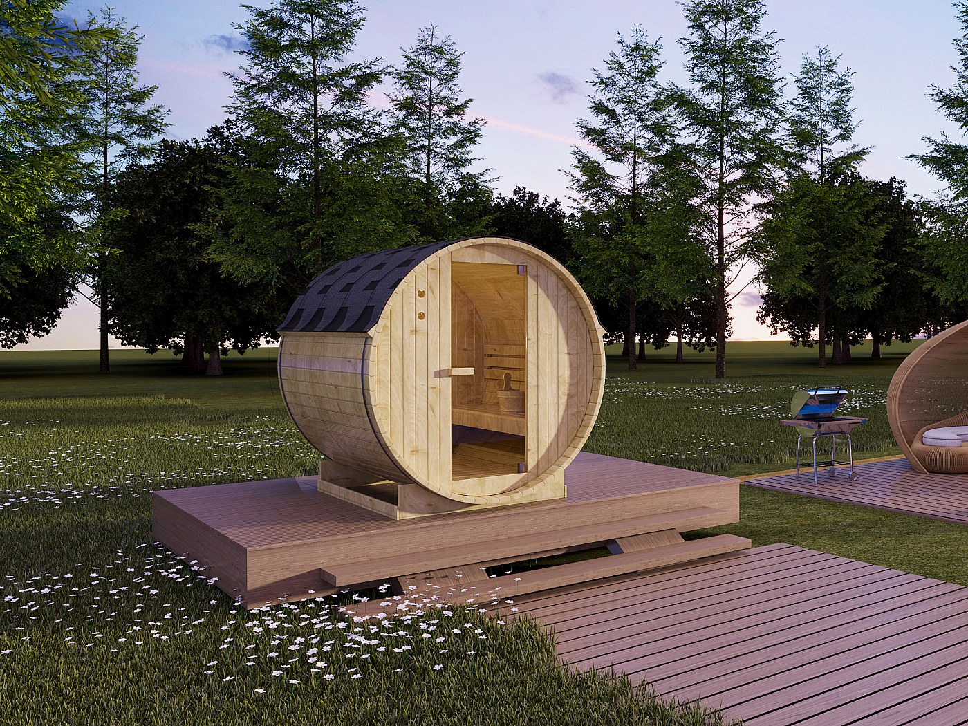 Sauna extérieur en tonneau 4 places, L185 x P180 x H190 cm, ISOKYRO