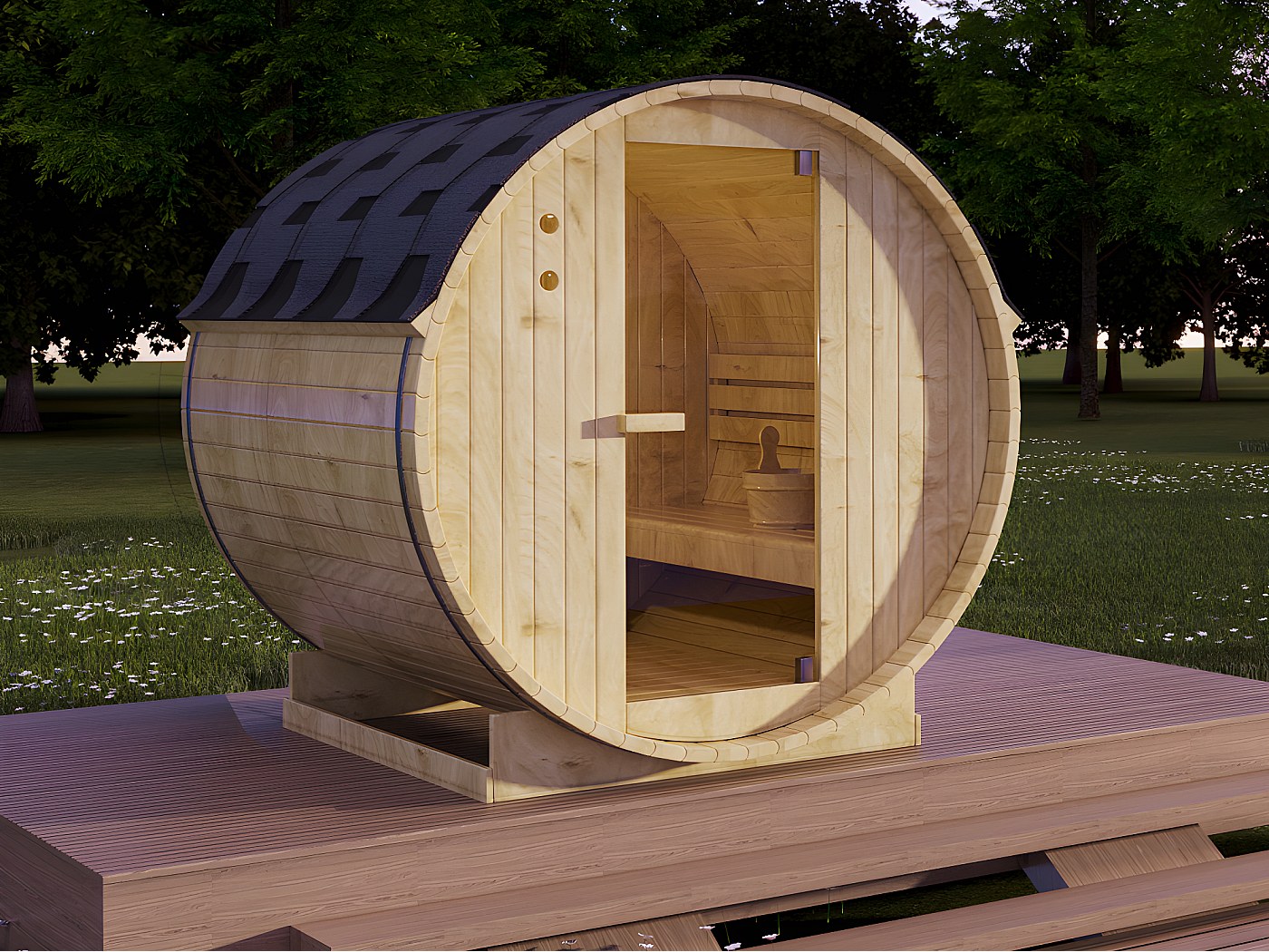 Sauna extérieur en tonneau 4 places, L185 x P180 x H190 cm, ISOKYRO