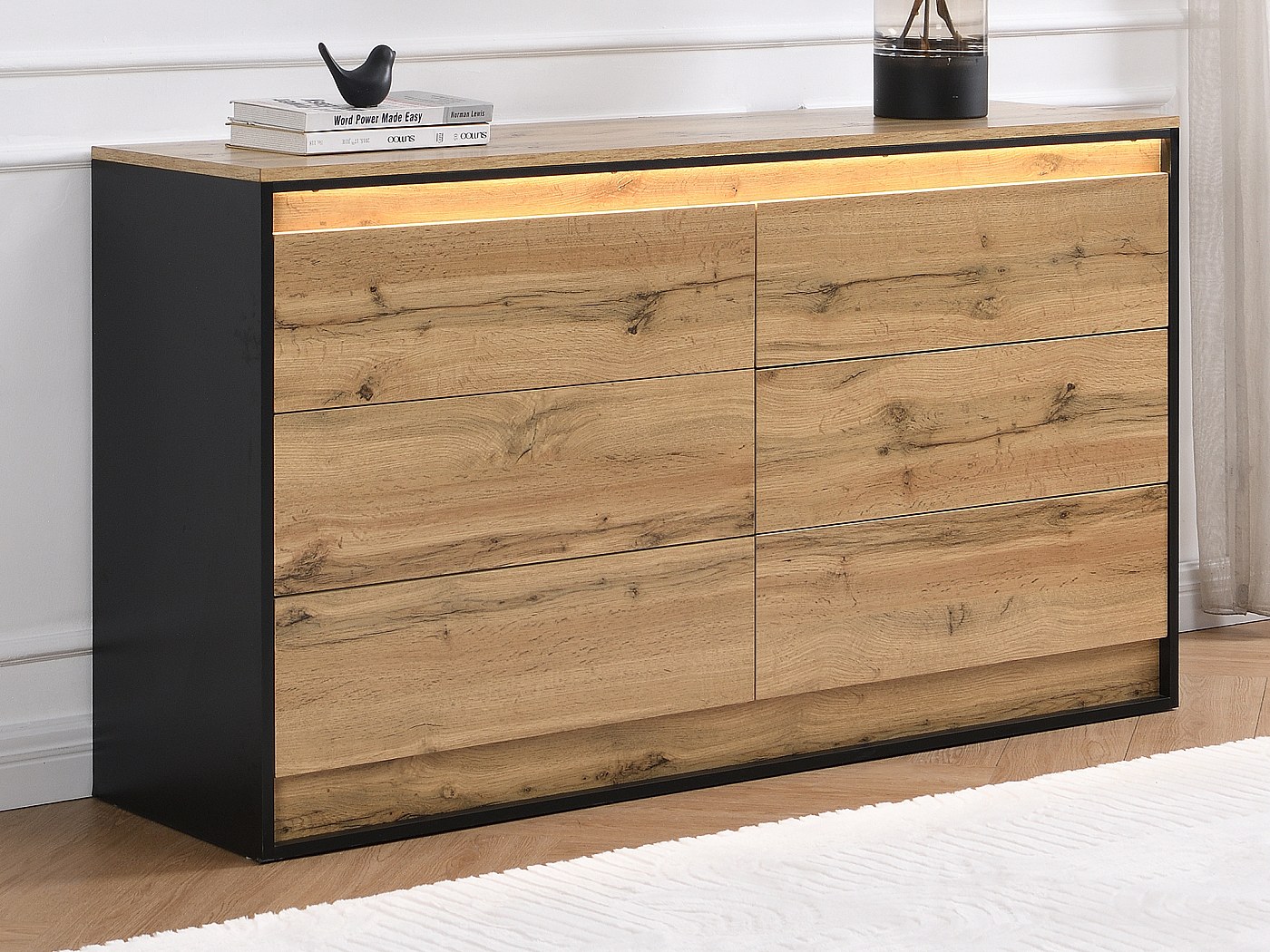 Commode avec 6 tiroirs avec LEDs en MDF naturel et noir - RUKALO