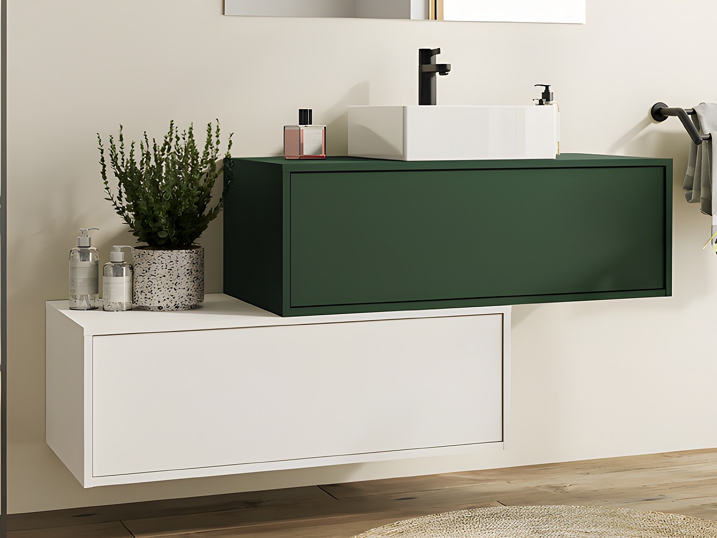 Meuble de salle de bain suspendu simple vasque, vert et blanc, 2 tiroirs, 94 cm, TEANA