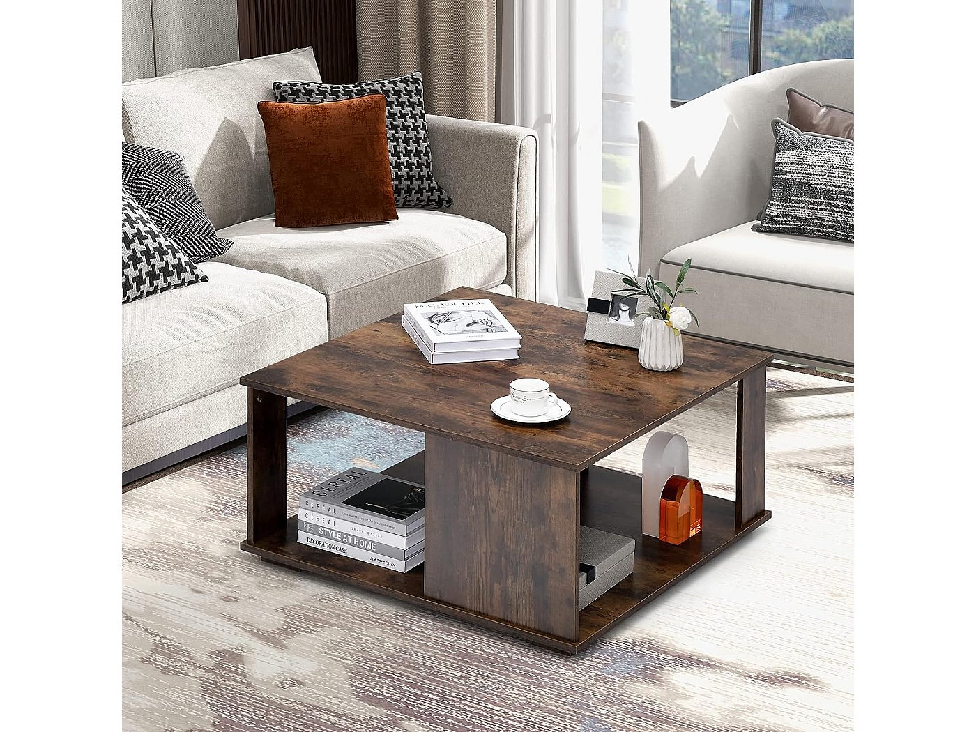 Table Basse Carrée à 2 Niveaux avec Grand Compartiment sous Table, pour ...