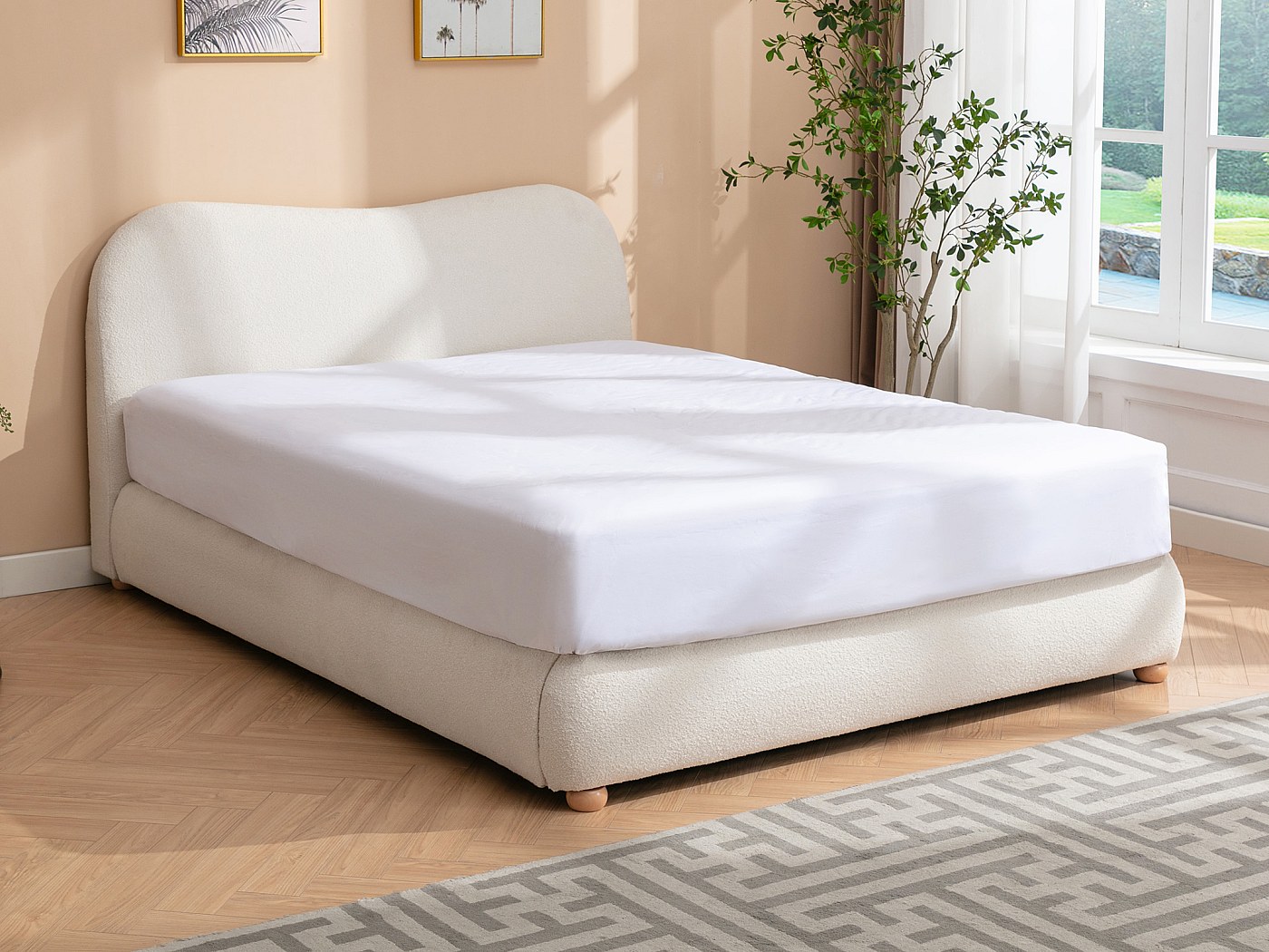 Lit coffre 140 x 190 cm en tissu bouclette blanc - VANARI