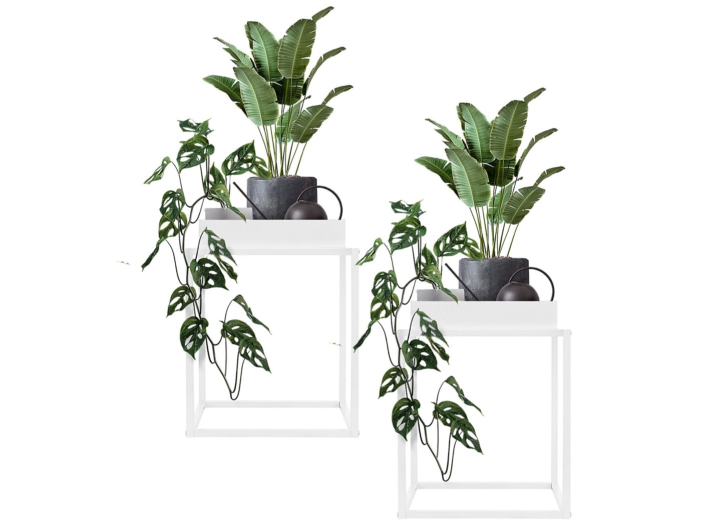 2x Supports de plantes/fleurs métal blanc porte-fleurs stable avec bac ...