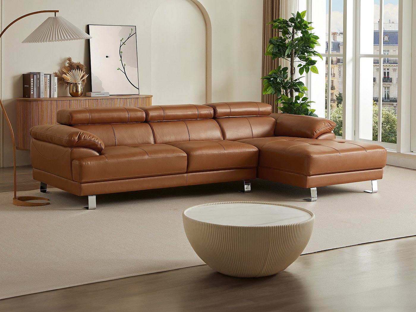 Canapé d'angle droit en cuir premium camel EXCELSIORA