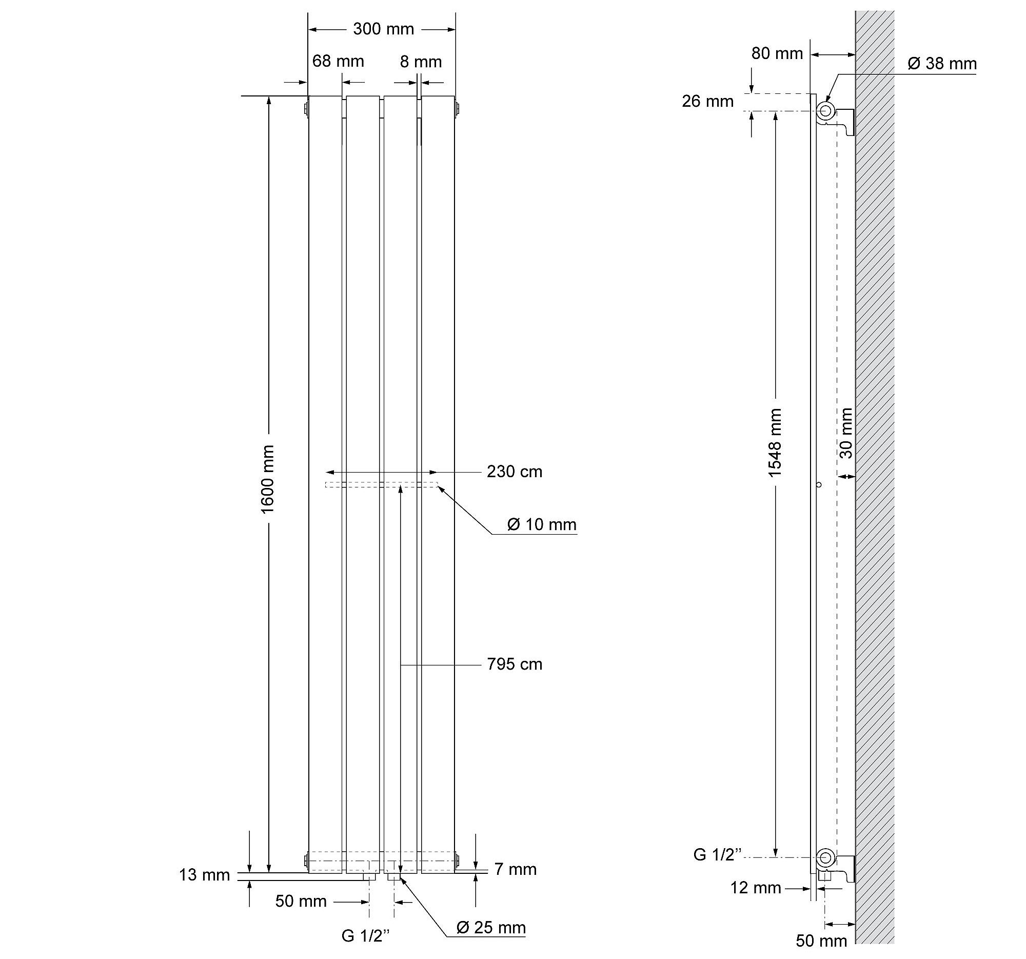 Radiatore da bagno verticale con attacco centrale a pavimento bianco 30 ...