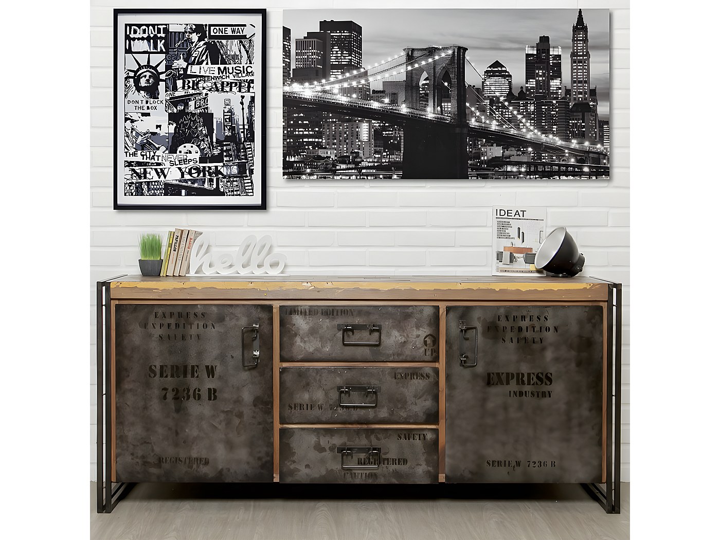 Buffet en Teck Industriel "Loft" 190cm Marron