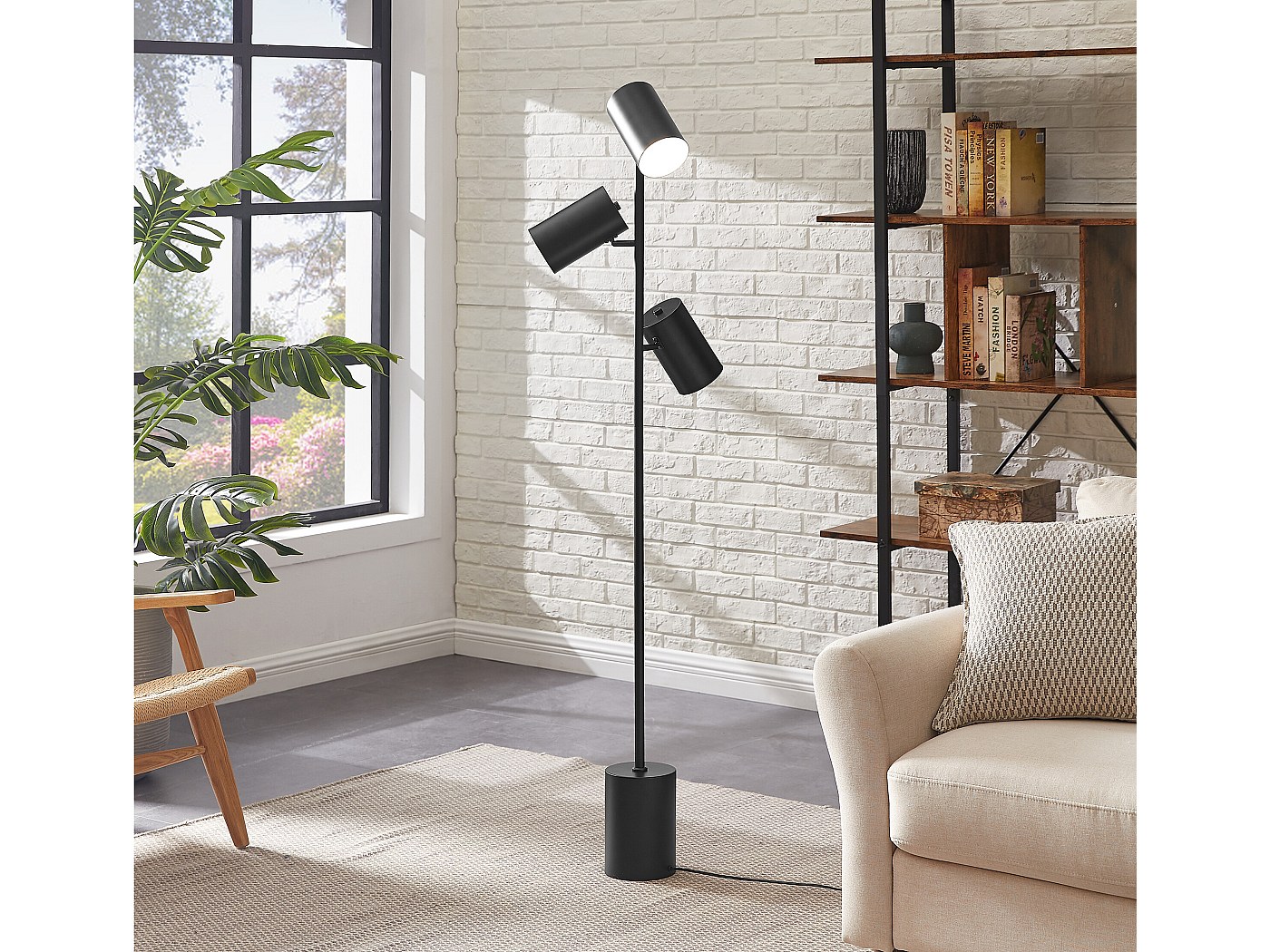 Staande lamp industrieel van metaal - 3 lampenkappen - H 155 cm - Zwart ...
