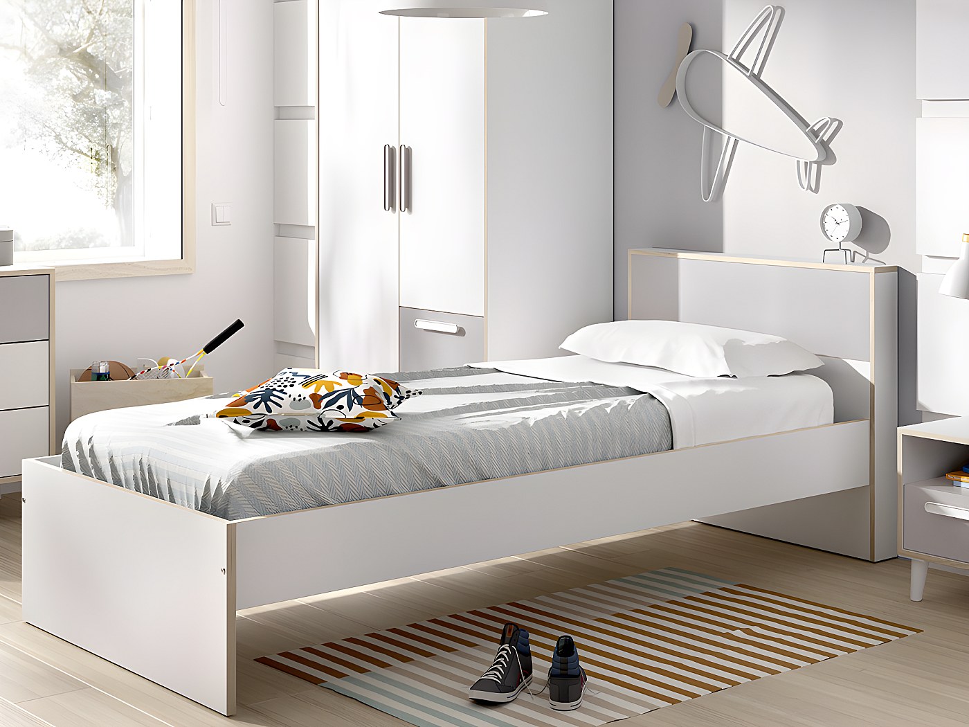 Lit enfant modulable 90 x 190 ou 90 x 200 cm blanc et gris LIBONA