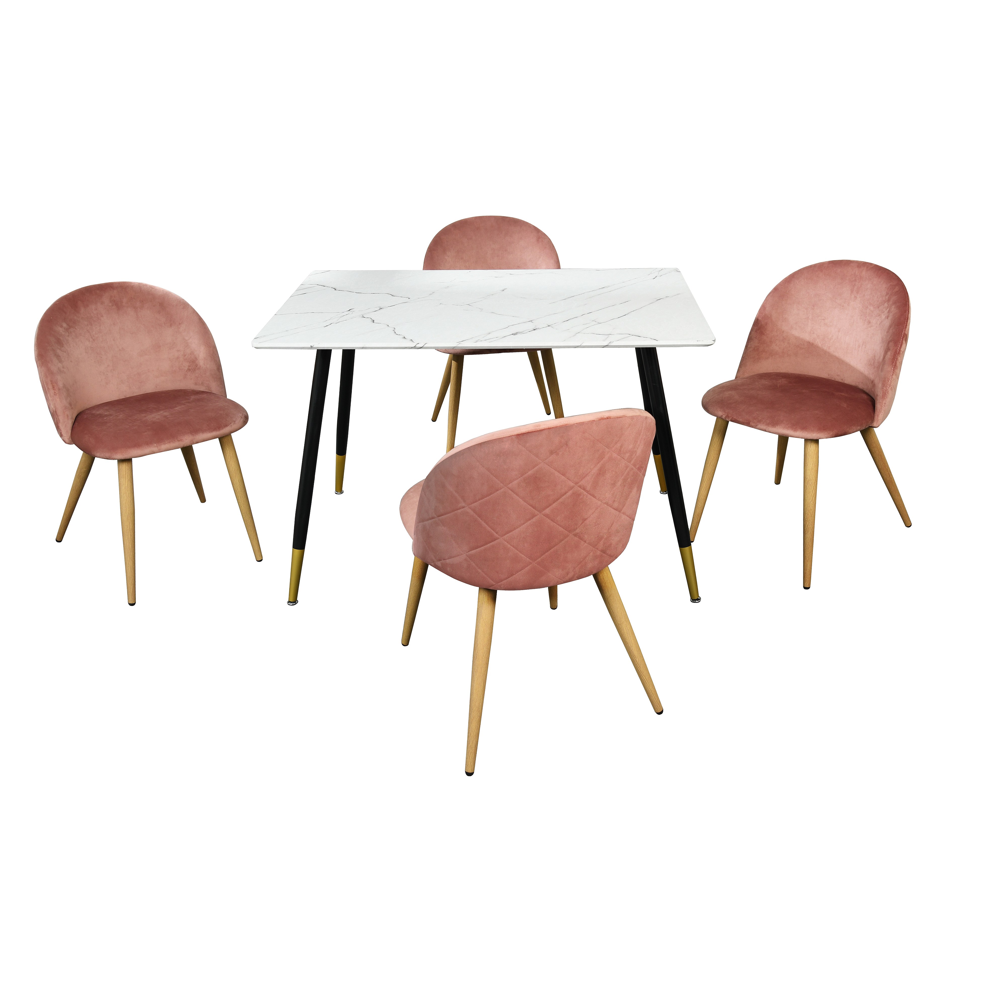 Ensemble table et 4 chaises scandinave effet marbre et velours rose
