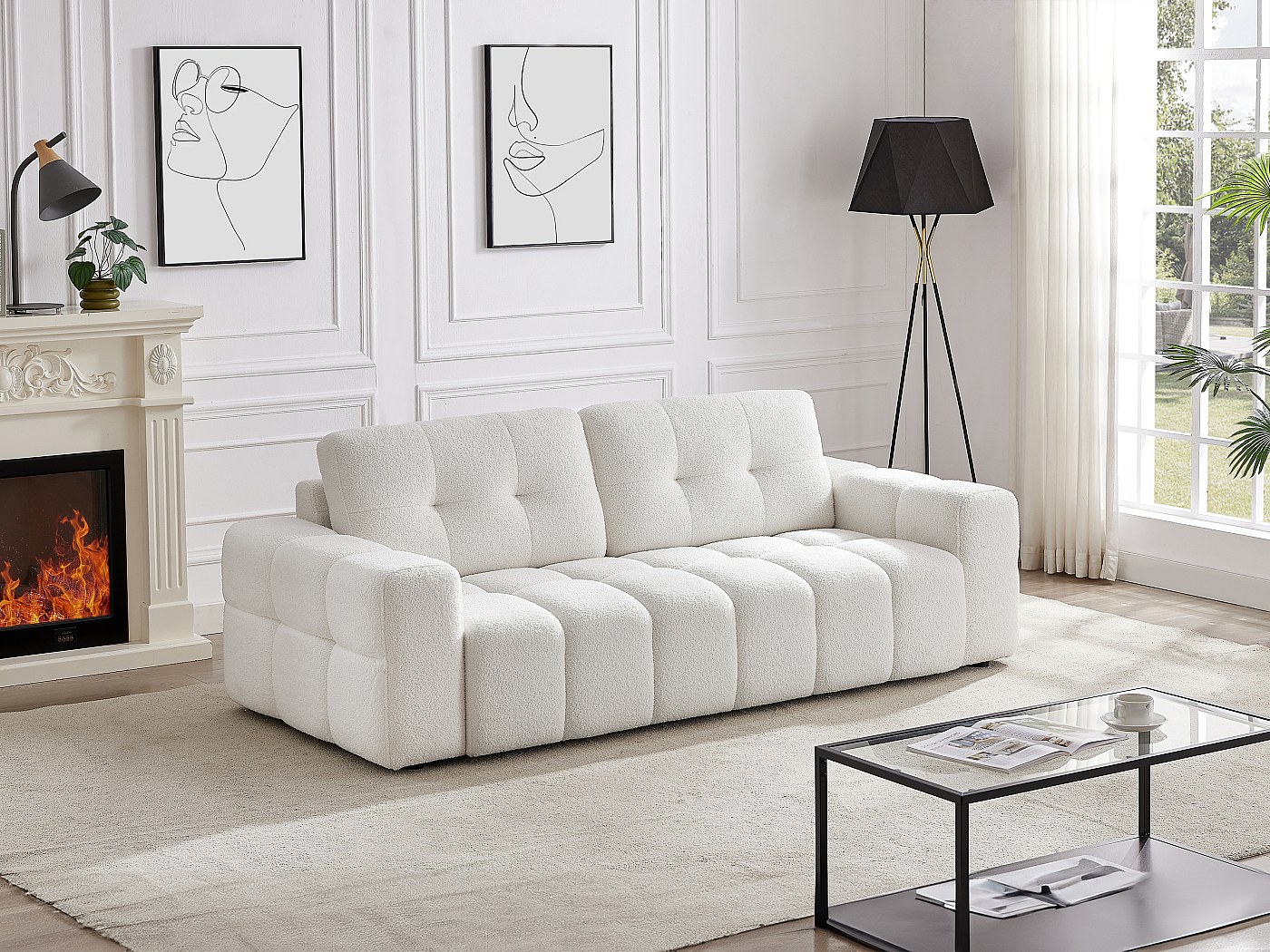 Sofá de 3 lugares tecido bouclé branco estilo design SOPELANA