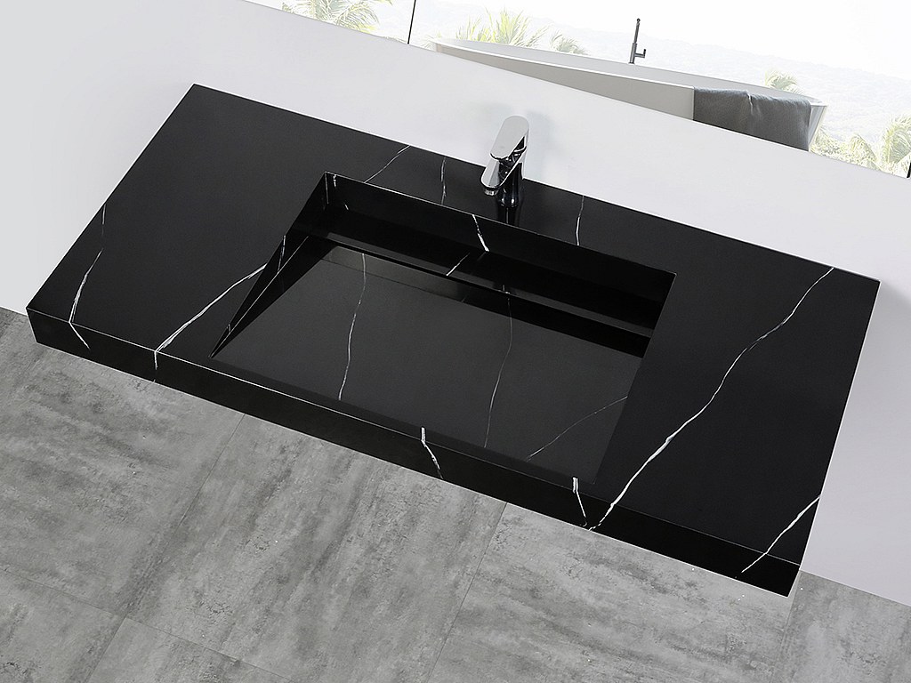 Lavabo sospeso 90 cm in Solid Surface effetto marmo Nero TAKOTNA