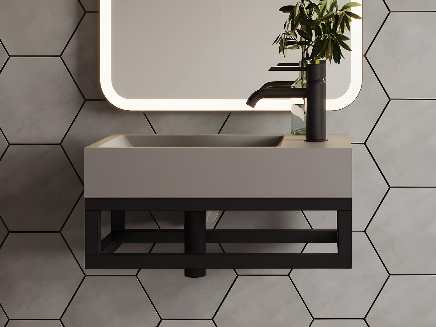 Lavabo suspendido de cemento con soporte, Ancho 40 x 22 cm, UCHAMI