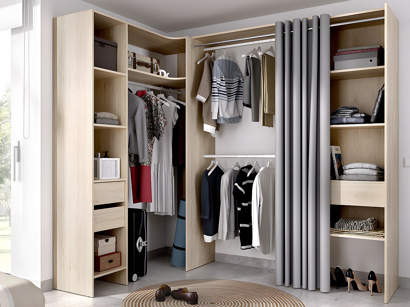 Armario ropero angular y extensible Ancho 164/214 cm roble y gris GONTRAN