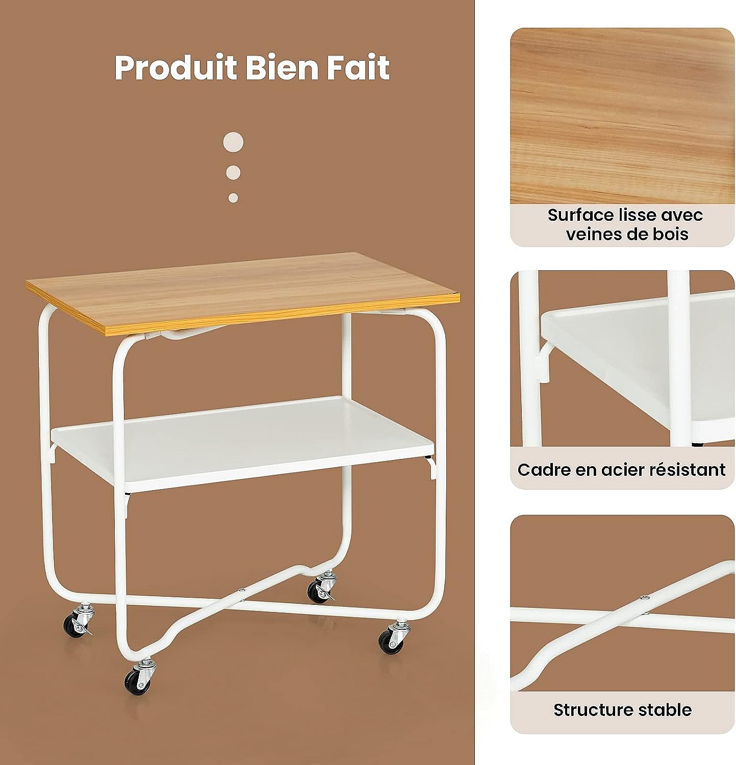 Table d'appoint à roulettes (2 verrouillables) 60x40x61cm,2 etagère de ...