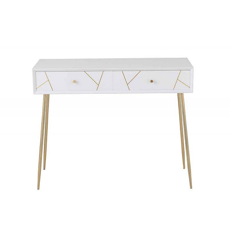 Console 2 Tiroirs Design "Remina" 97cm Blanc & Or