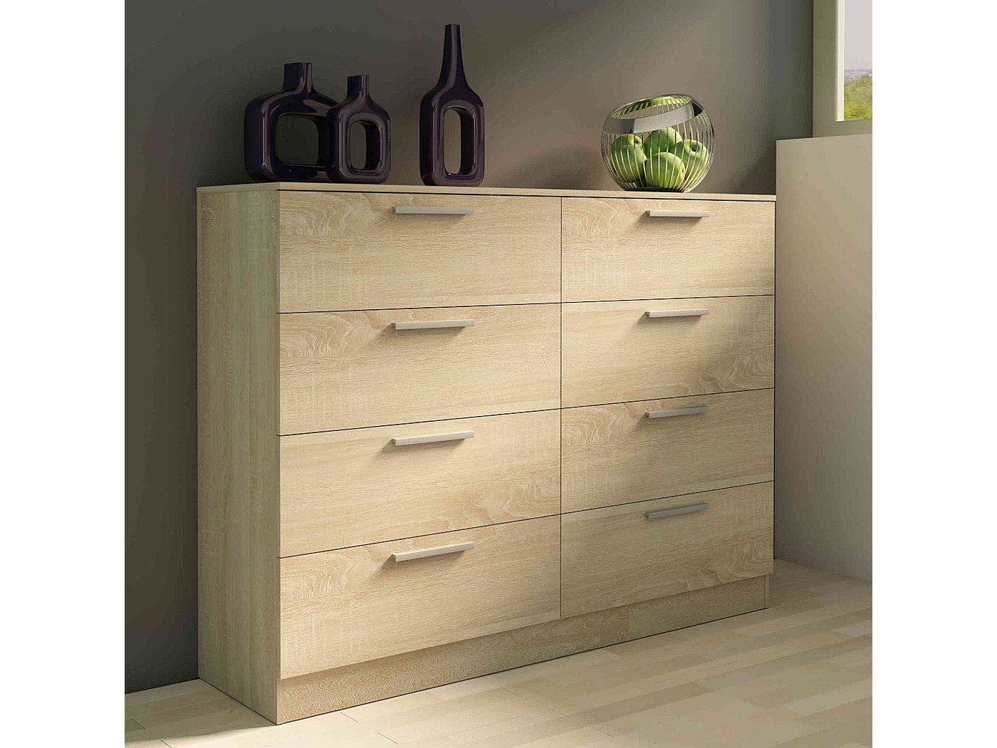 Commode 8 tiroirs en bois imitation chêne - CO9057