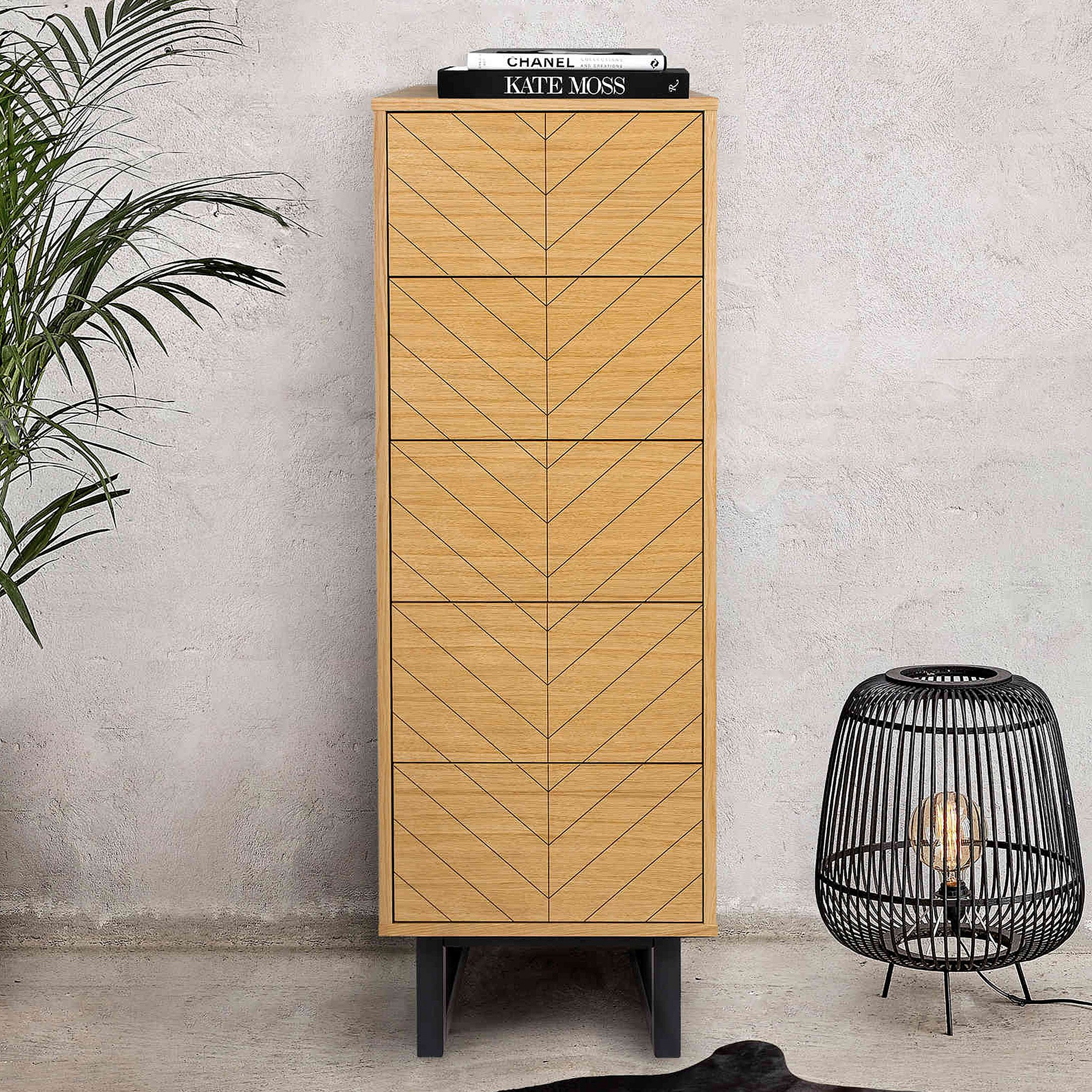 Commode étroite 5 tiroirs en bois imitation chêne - CF0025