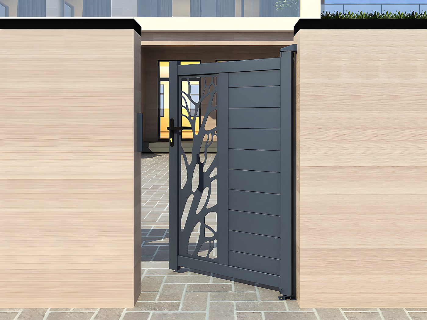 Halfopengewerkte aluminium draaipoort met motief B100 x H164 cm ...